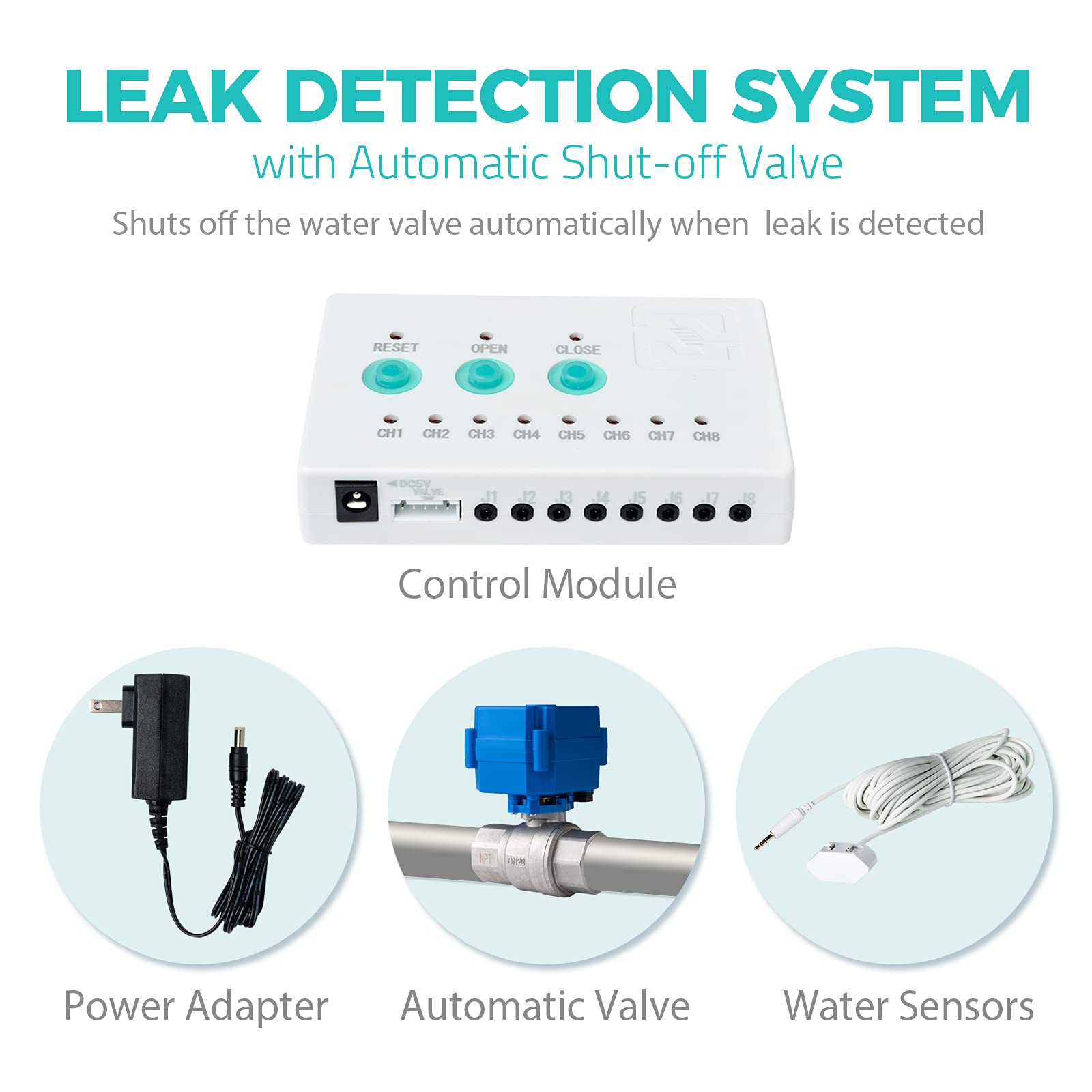 iSpring LS43 Water Leak Detector Alarm System, Automatic Shut-Off Valve and 2 Detection Sensors, Connects Up to 8 Sensor to Prevent Flooding, 3/4" NPT