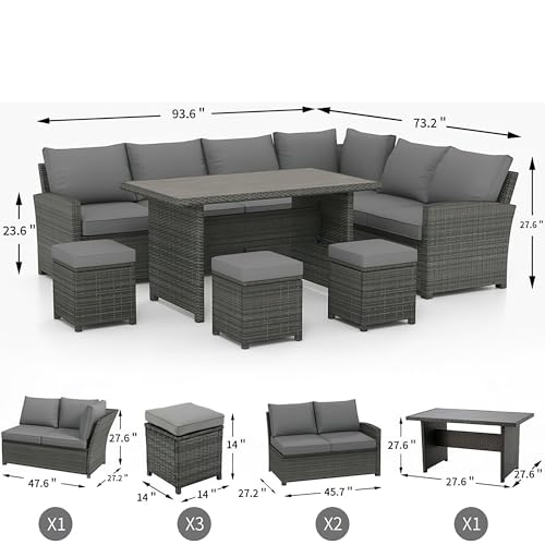 ICOMPY Patio Furniture Set 7-Piece Rattan Wicker Sectional Sofa Couch Outdoor Dining Conversation Set in Gray
