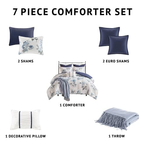 Madison Park Zennia Farmhouse Comforter Set with Throw-Blanket, Floral Print on Seersucker Textures, All Season Bedding, Matching Shams, Toss Pillows, Full/Queen(90"x90"), Blue 7 Piece