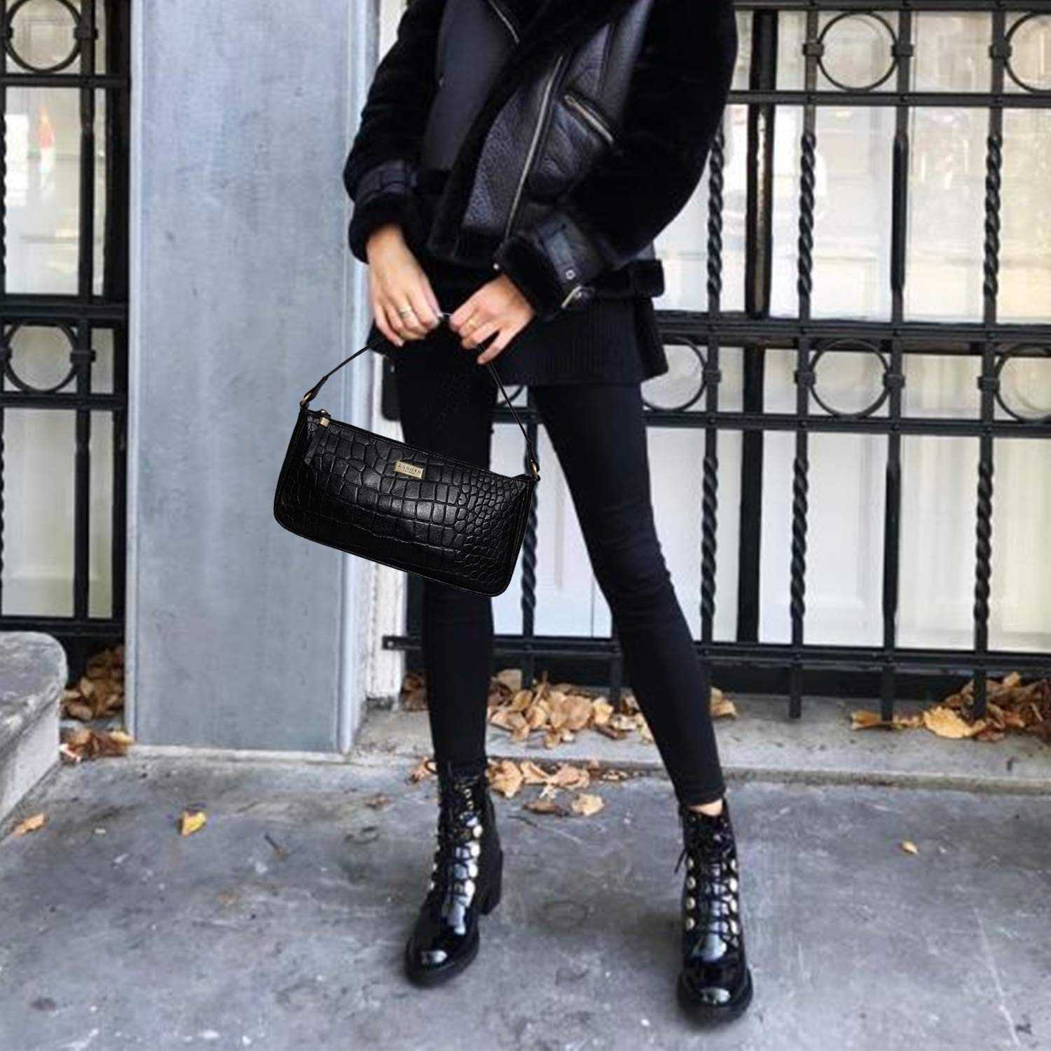 Leather Shoulder Bag for Women - Retro Classic Clutch Real Leather Croc Print Tote Small Purse Handbag with Zipper Closure