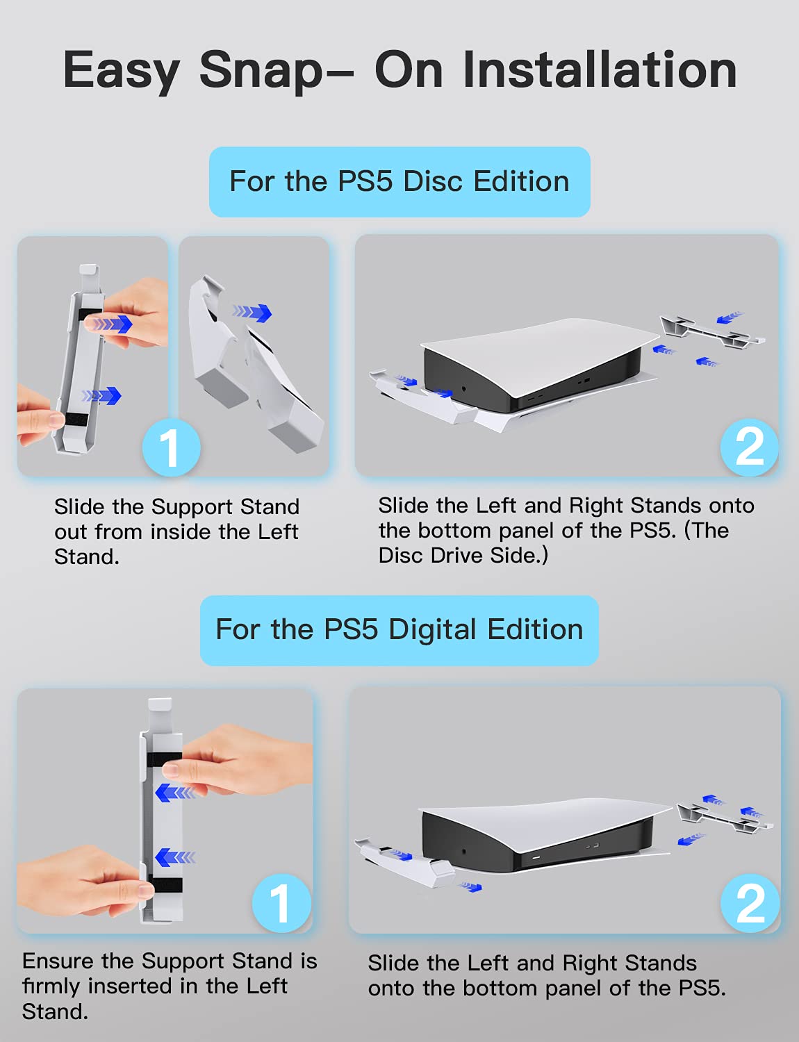 NexiGo PS5 Horizontal Stand with Cooling Fan, [Minimalist Design], Compatible with PlayStation 5 Disc & Digital Editions, Built-in LED Light, Extra USB Port, Easy to Install