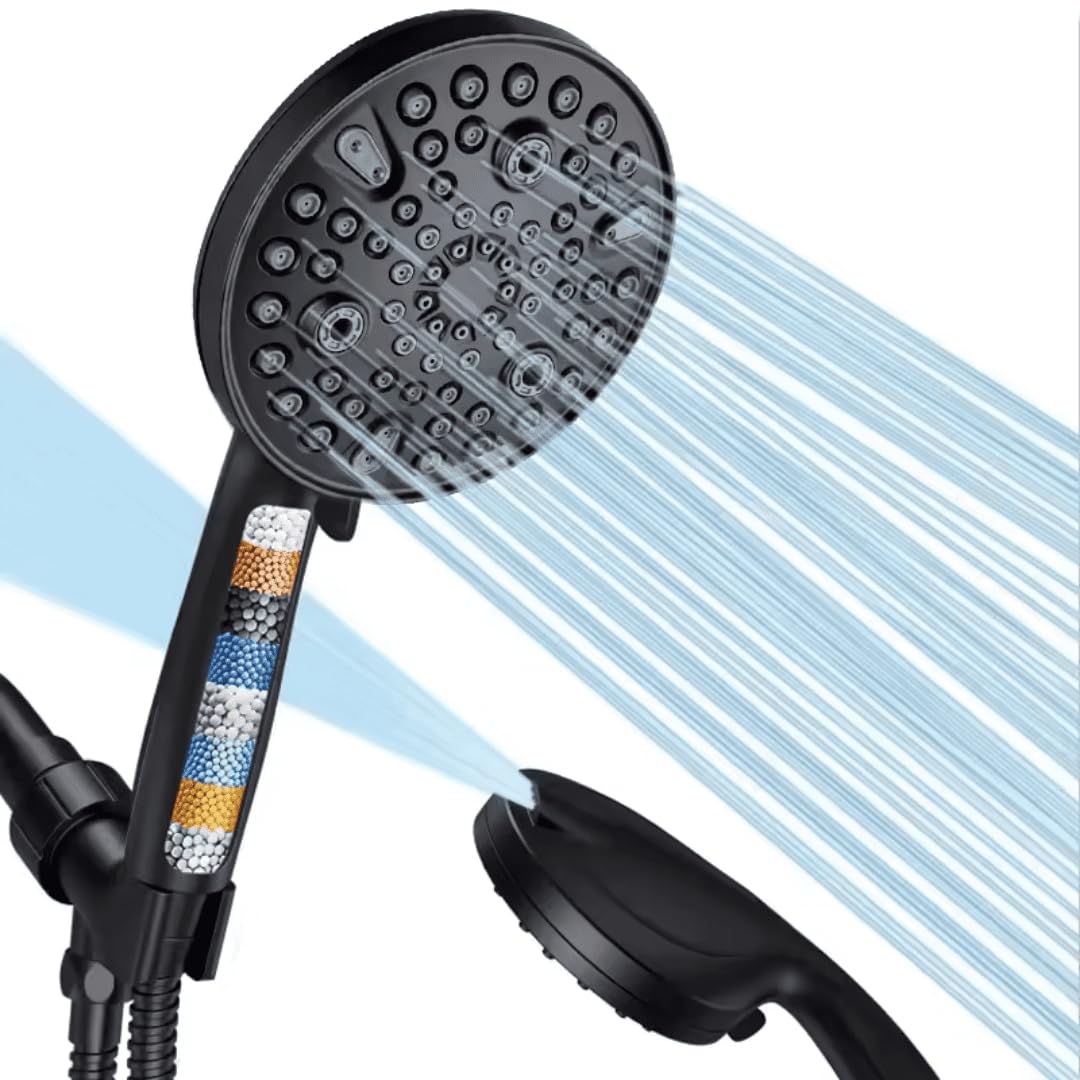 Wavizor Filtered Shower Head 10 Functions with Handheld, High Pressure Luxury Matte Black Showerhead with Filters, Better Skin and Hair, Water Softener Filters Beads for Hard Water - Remove Chlorine
