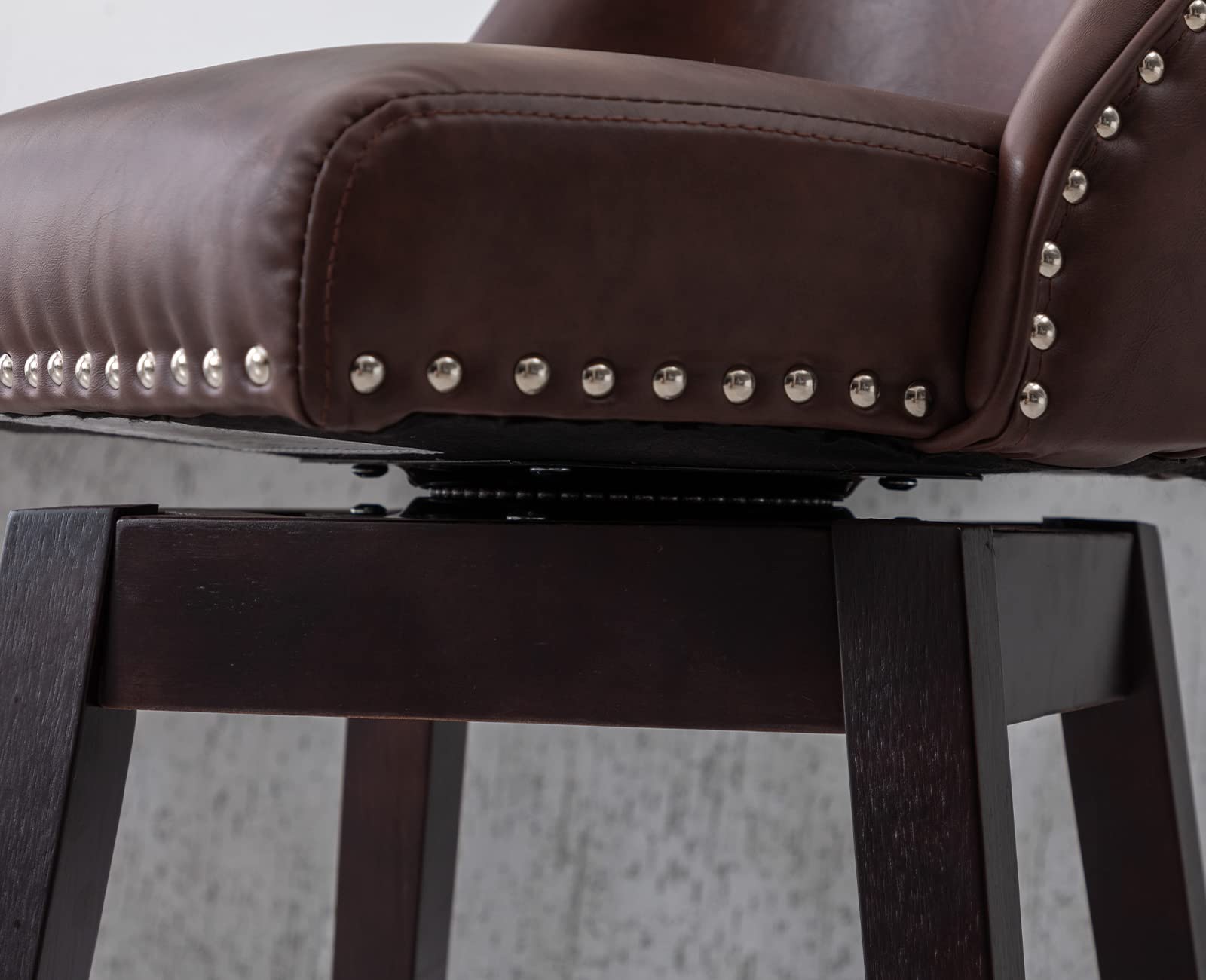 Kmax Leather Counter Height Bar Stools Swivel Farmhouse Bar Stools with Wood Legs Nailhead Footrest for Kitchen Island, Set of 2- Chocolate