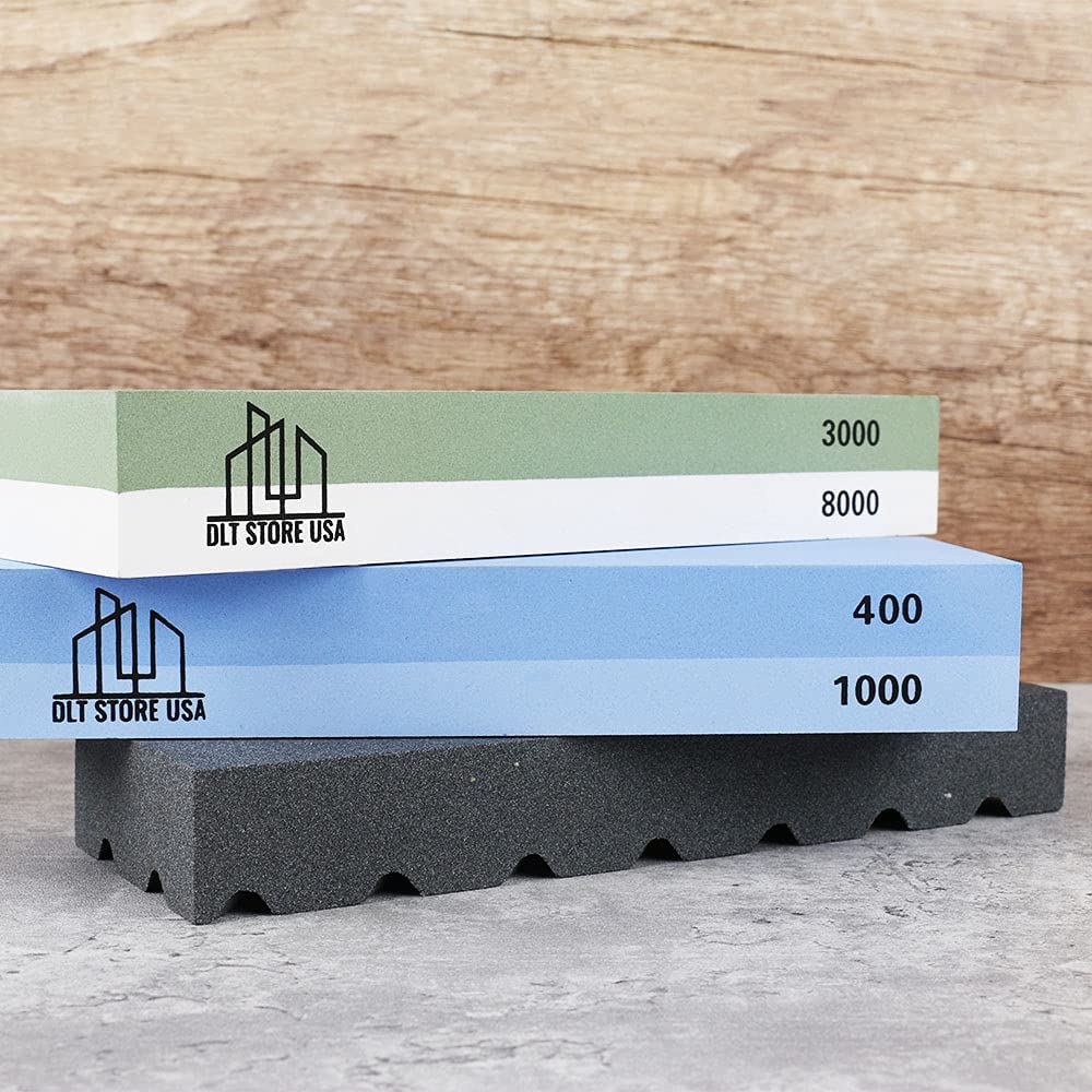 Knife Sharpening Stone Kit, DLT Store USA Professional Whetstone Sharpener Stone Set, Premium 2 Side Grit 400/1000 3000/8000 Water Stone, Flattening Stone, Non Slip Bamboo Base & Angle Guide
