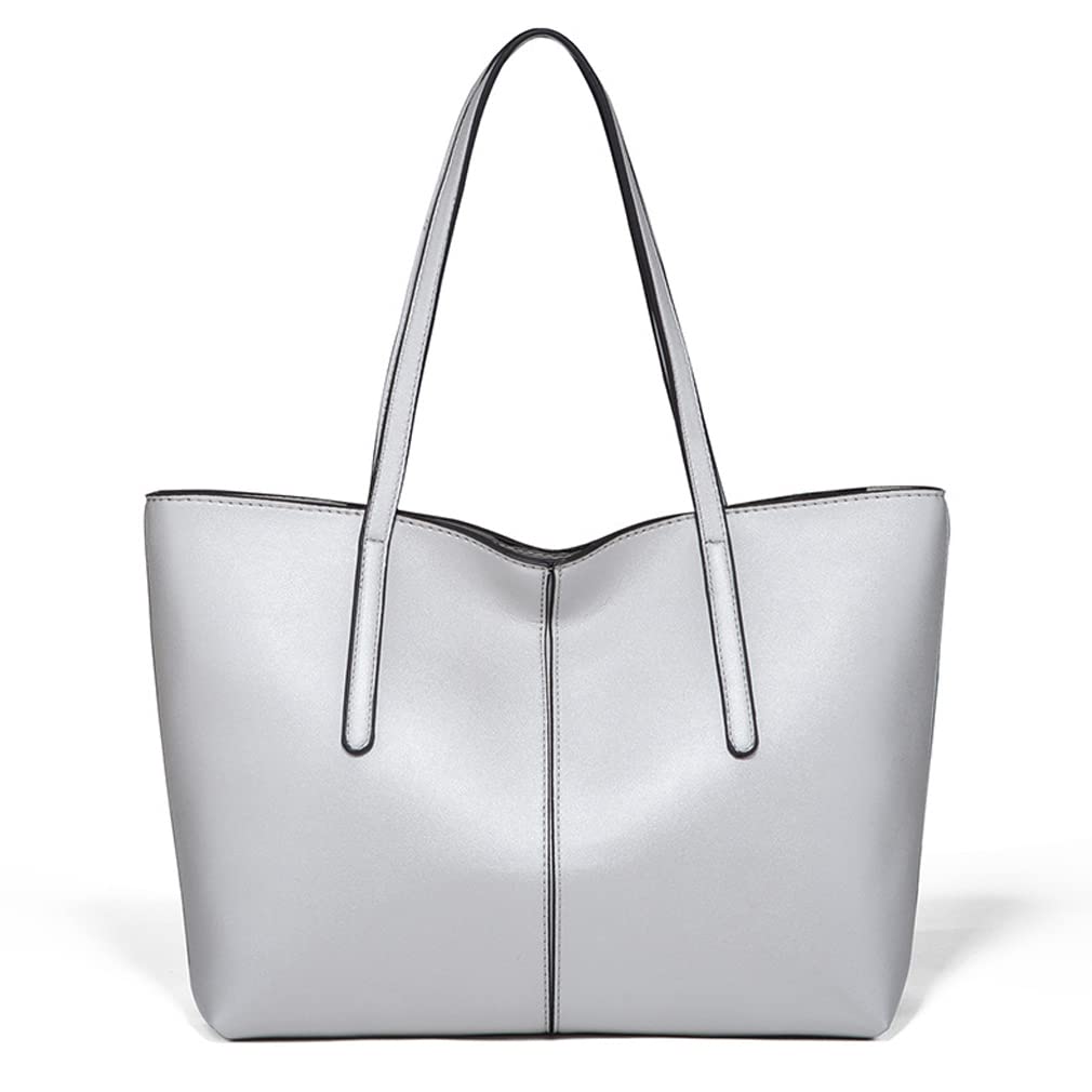 Meobvg Tote Handbags for Women Large PU Leather Bucket Purses Soft Waterproof Shoulder with Zippers Work Daily Bag (Grey)