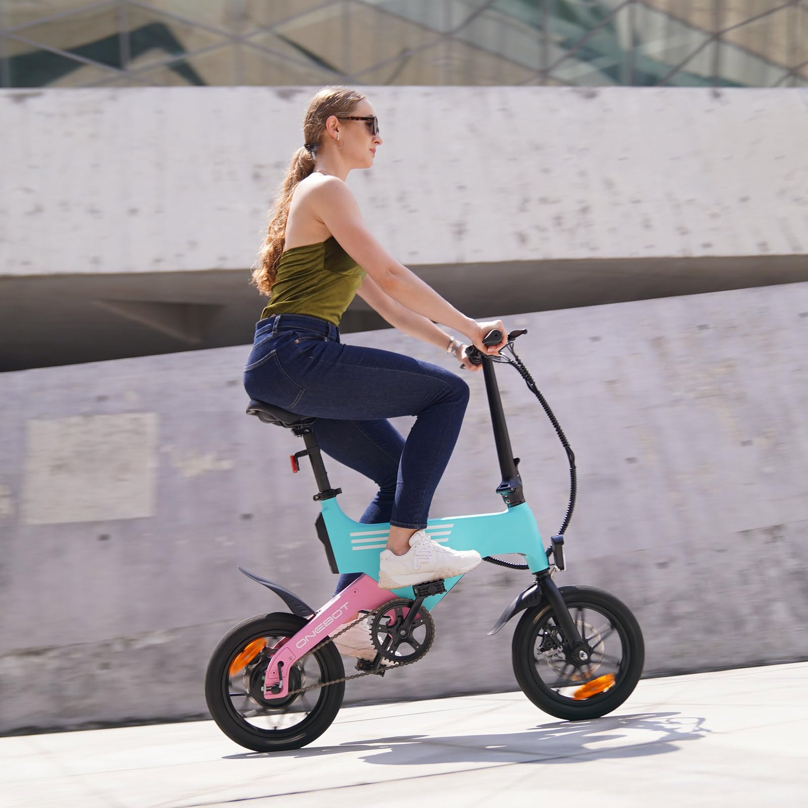 ONEBOT Electric Bike, Folding Electric Bicycle with 250W Motor 15.5MPH, 14" Wheels, Lighter Magnesium Alloy Frame (Blue)