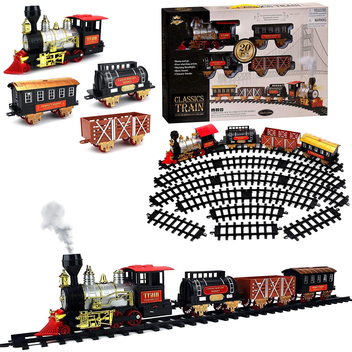 Large Classic Holiday Christmas Tree Train Set with Sounds Lights Smoke for Around Under The Christmas Tree