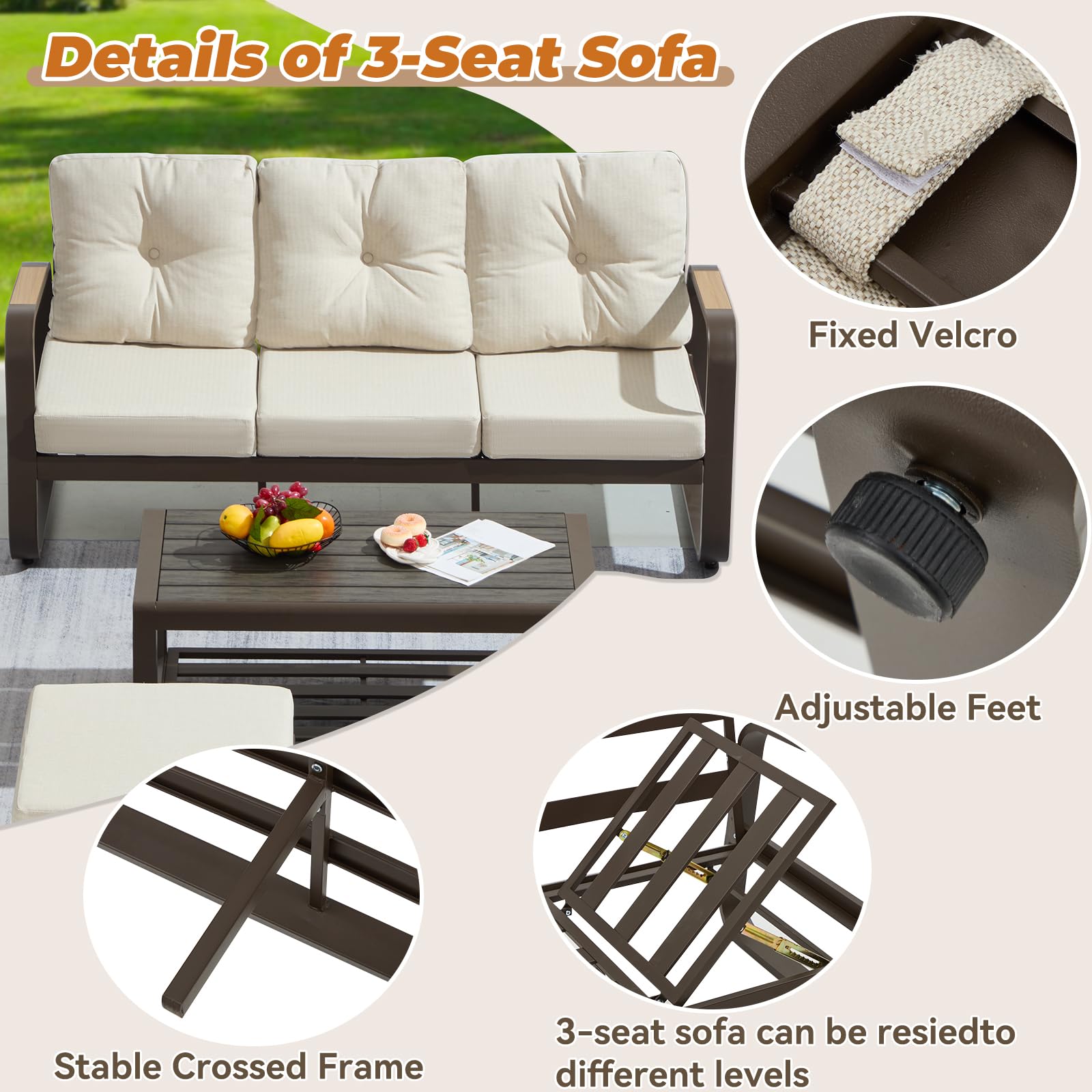 Suvivityse 6 Pcs Aluminum Patio Furniture Set with Coffee Table Outdoor Conversation Sofa Set Include Adjustable 3-Seater Sofa, 2 Hydraulic Chair, 2 Ottoman for Balcony, Garden, Poolsid(Grey)
