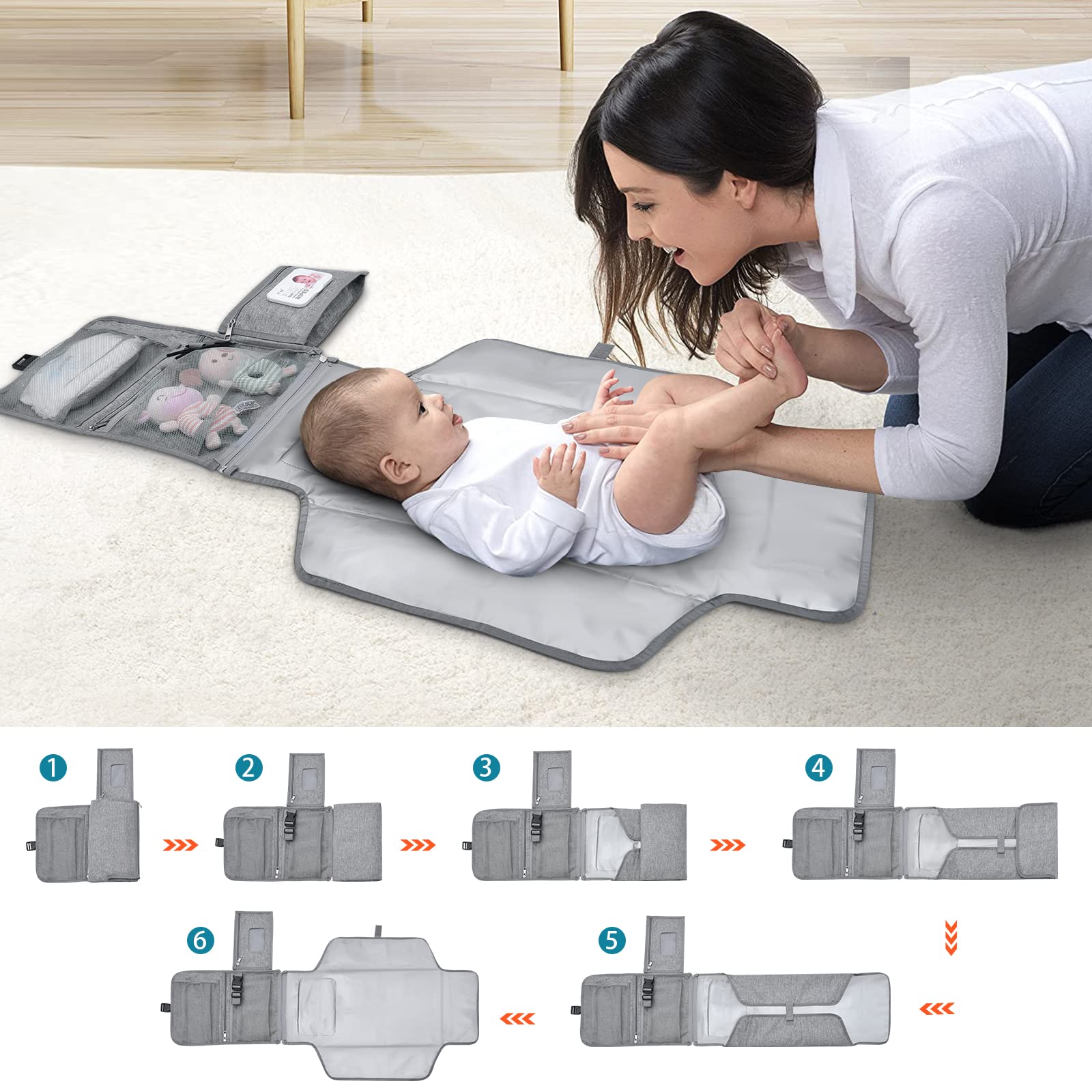 SIMBOOM Portable Changing Pad, Foldable Baby Diaper Changing Mat for Travel with Wipes Pocket and Built-in Head Cushion