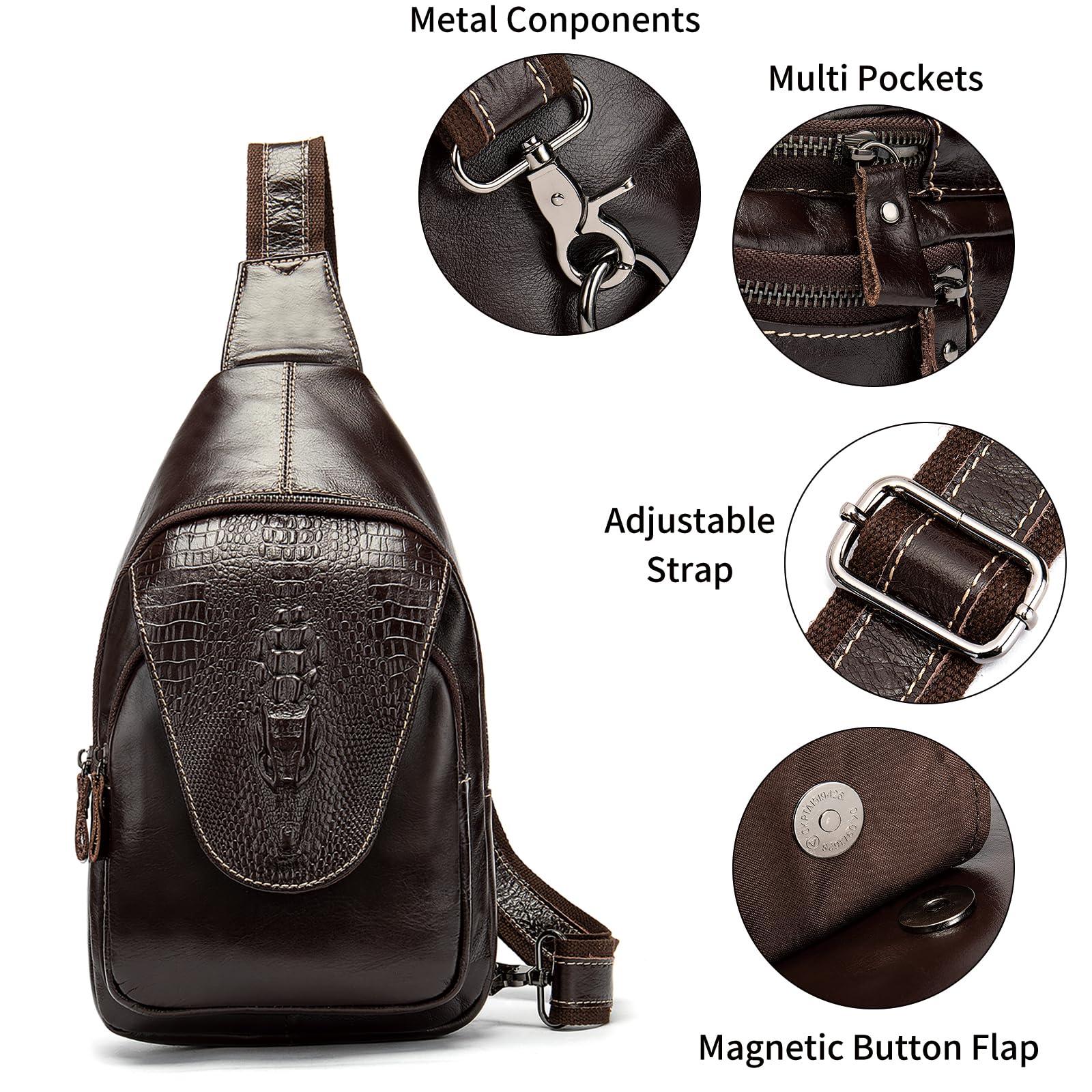 NIUCUNZH Handmade Genuine Leather Crossbody Sling Bag Crocodile Embossing Chest Bag Waterproof Shoulder Bag Brown