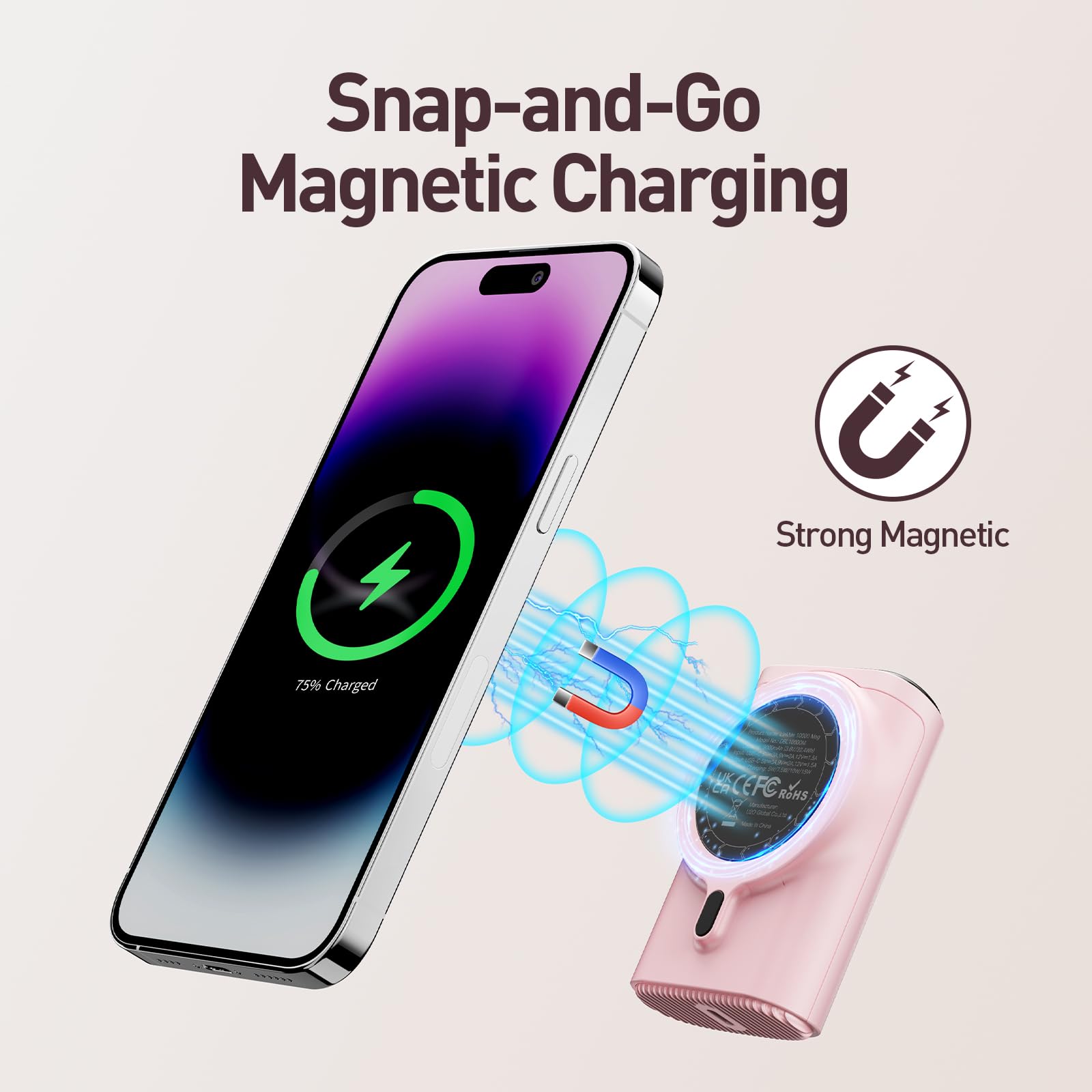 iWALK Magnetic Portable Charger, Small 9000mAh Wireless Power Bank with 18W USB-C Fast Charging Battery Pack Compatible with iPhone 15/14/14 Pro Max/ 13/13 Pro/13 Pro Max /12/12 Pro Max,Pink