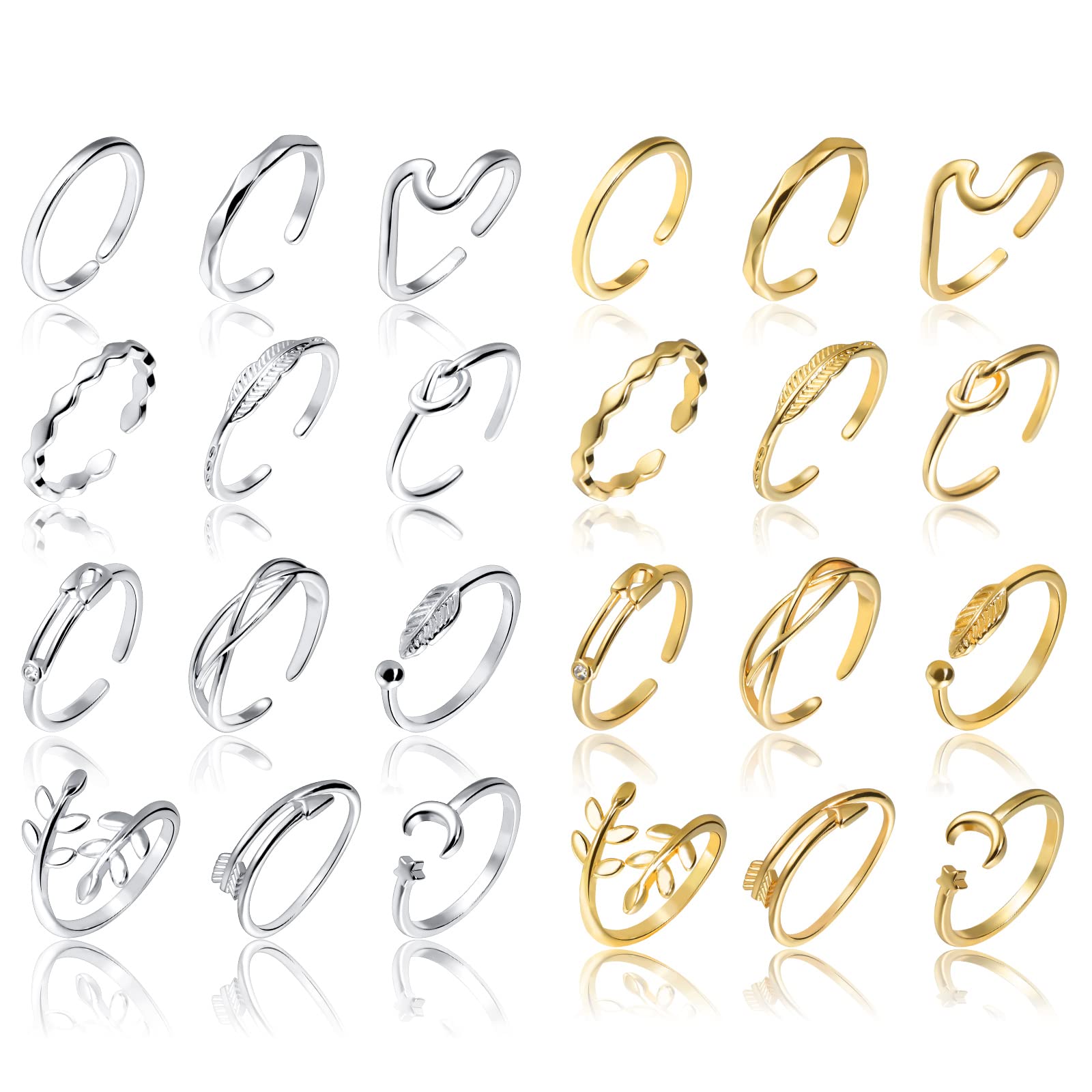 Modacraft 24Pcs Knuckle Stacking Rings for Women Teen Girls, 14K Silver Gold Plated Adjustable Stackable Rings Arrow Knot Wave Rings Thumb Midi Finger Rings Pack
