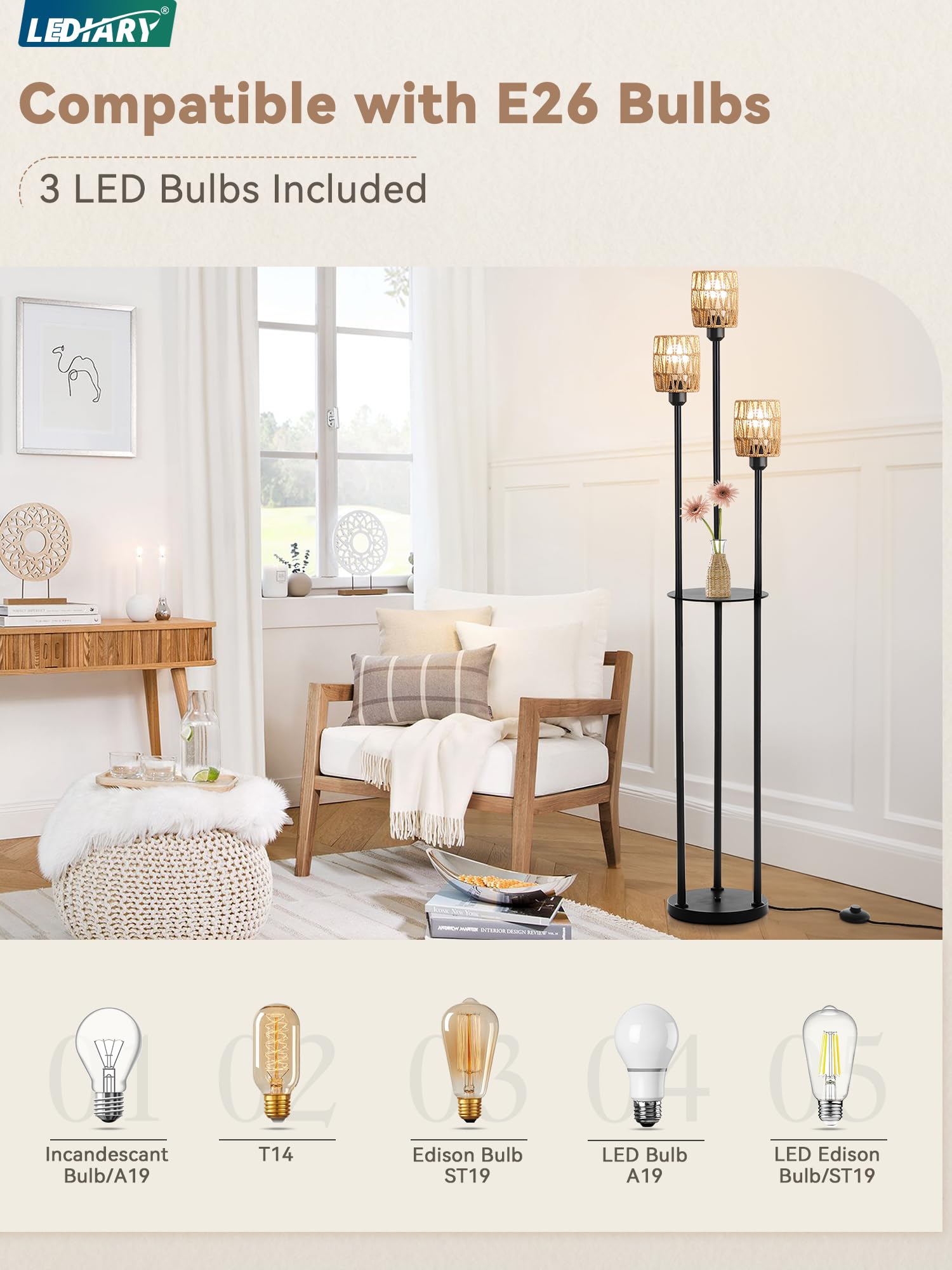 LEDIARY 65" Boho Floor Lamp for Living Room Rattan Floor Lamp with Shelves, 3 LED Bulbs Included Standing Lamp, Floor Lamp for Living Room, Bedroom, Office