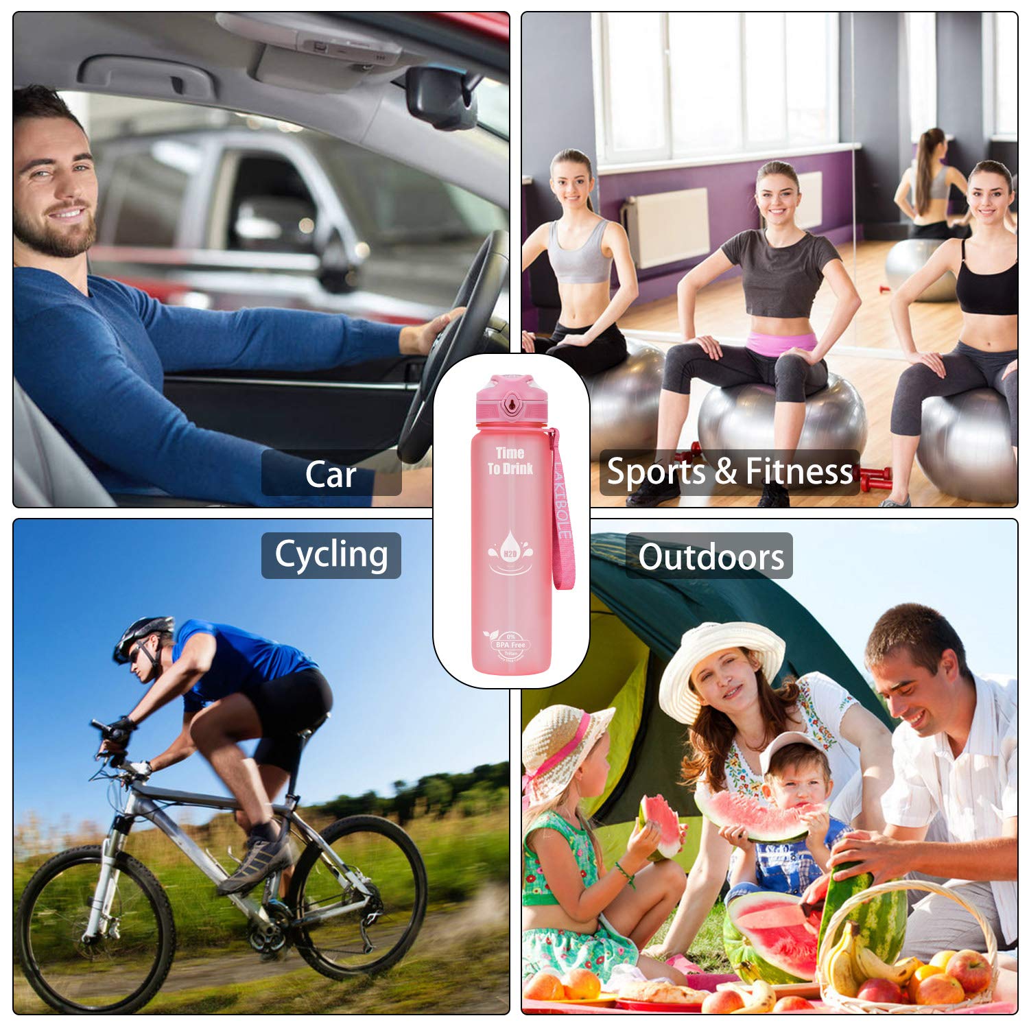 LAKIBOLE 32 oz Water Bottle with Time Marker with Straws, Time to Drink Water Bottle for Office, Gym, Home, Health Gift - Pink