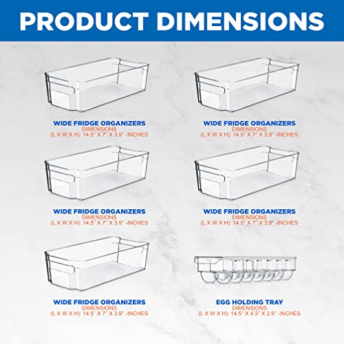 NutriChef Set of 6 Refrigerator Organizer Bins - Stackable Clear Plastic Bin with Handles, Egg Tray - For Fridge, Freezer, Kitchen, Cabinet, Countertops, Pantry - BPA Free Food Storage Rack - NCFO66