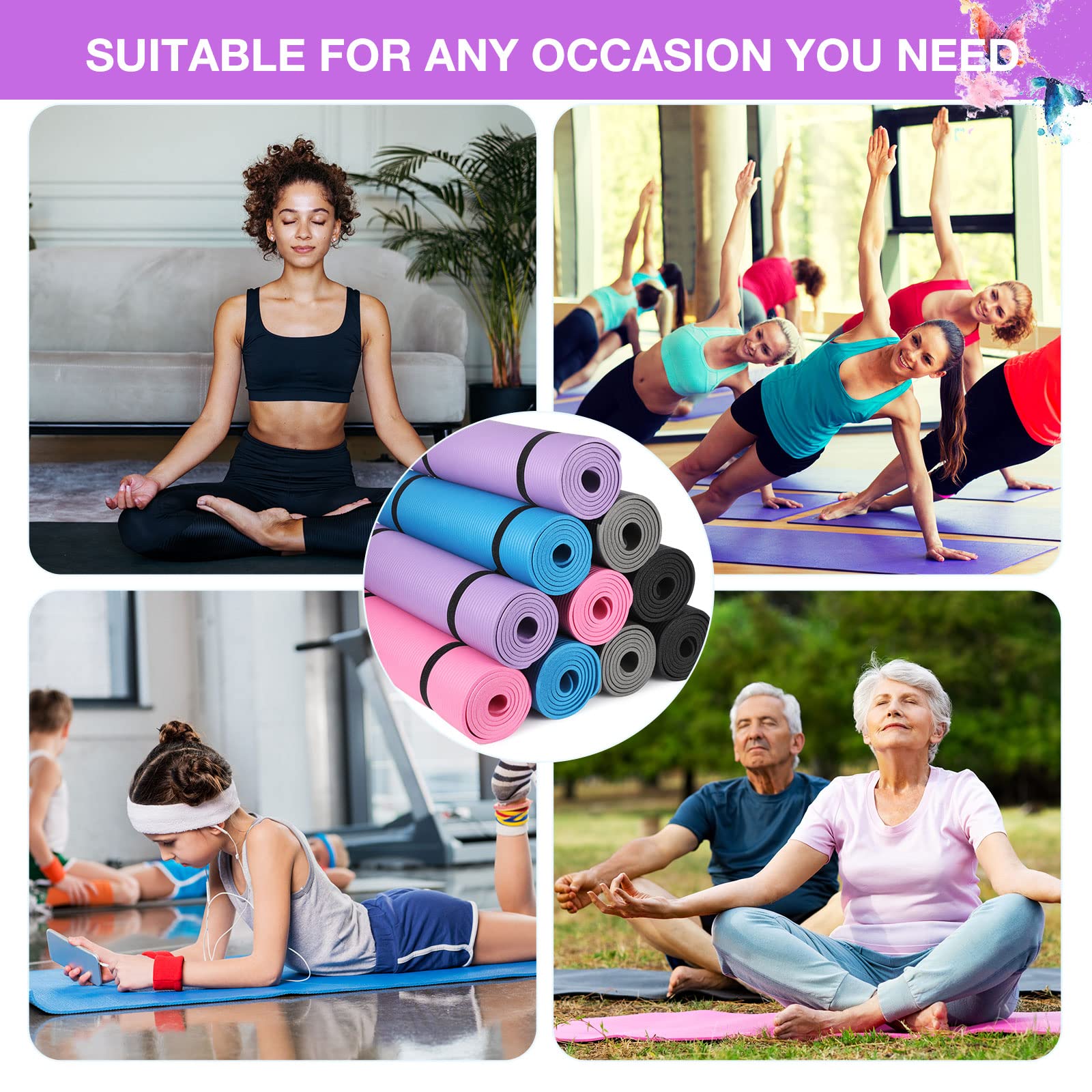 Riakrum 10 Pcs Yoga Mats Bulk 72 x 24 x 0.3 Inch Thick Exercise Mats Non Slip Mat Gym Mats Bulk for Yoga, Pilates, Workout, Stretching