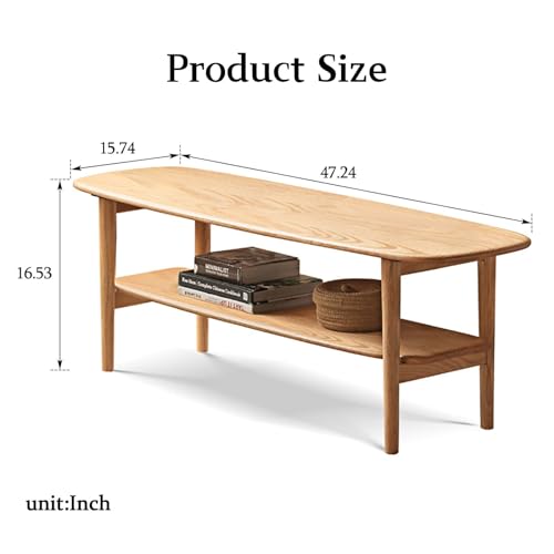 Toderoy Small Oval Coffee Table with Storage, Oak Wood Coffee Table for Living Room, 2-Tier Small Coffee Tables for Small Spaces - 15.75" D Modern Coffee Table (47.24W x 15.75" D x 16.53" H)