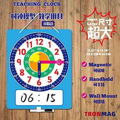 Richardy Telling Time Write & Wipe Teaching Demonstration Clock Learning Clock for Analog and Digital Time Labelled Minute & Hour Hands Kids Montessori Learning Toys