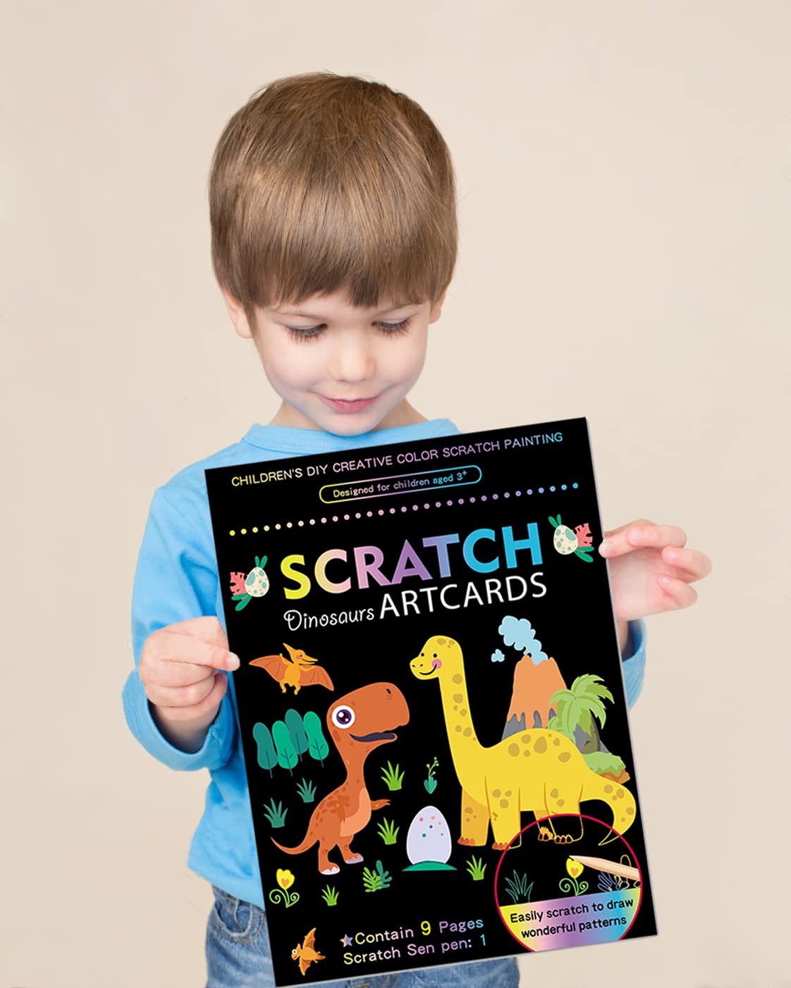 SuyuanArt 3 Set Magic Scratch Paper Art, Colorful Magic Drawing Art Book with 3 Scratch Pen for Birthday Halloween Christmas Party Dinosaurs Games Projects Kits