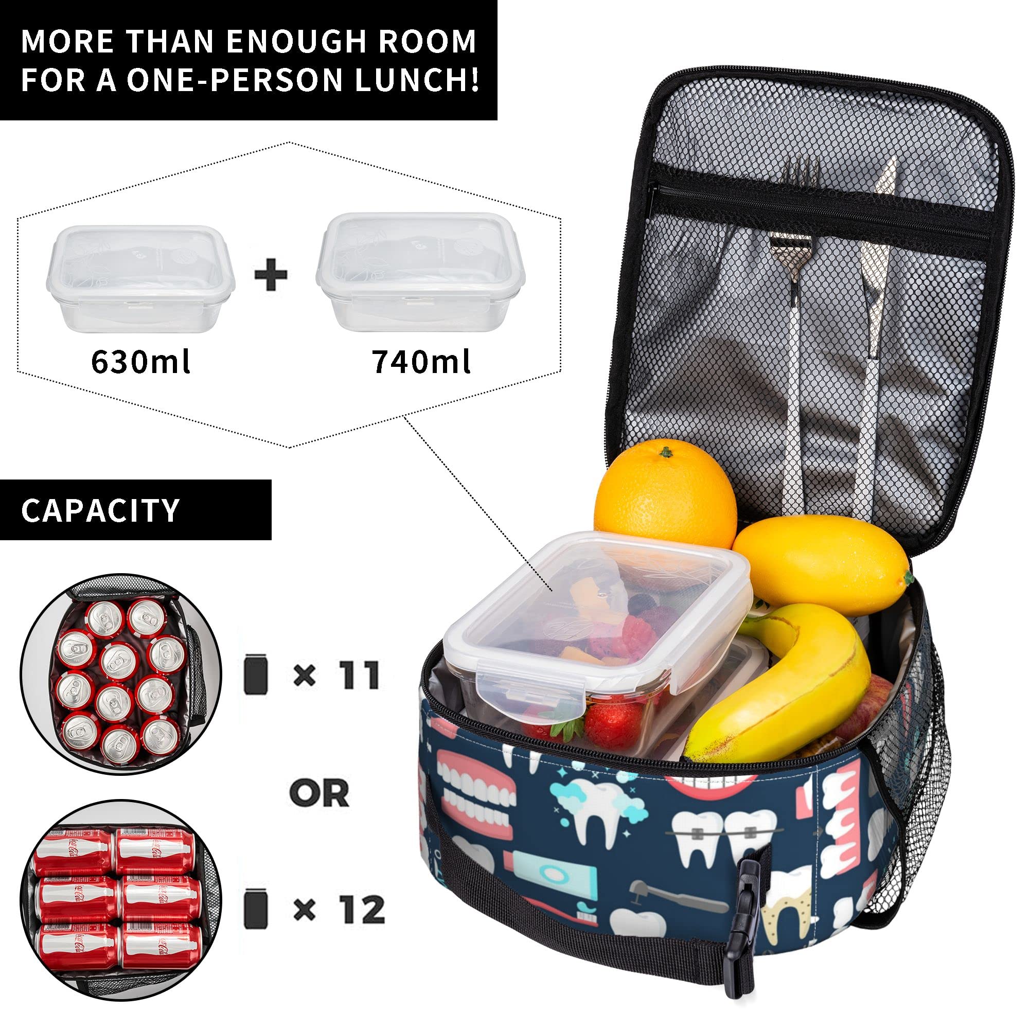 MZERSE Lunch Bag Tote Bag Lunch Organizer Lunch Holder Insulated Lunch Cooler Bag for Women/Men with bottle holder (Compatible With Teeth Dental Seamless Pattern)