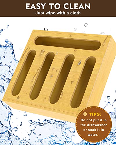 VenDotbi Bag Storage Organizer, Bamboo baggie organizer with Slider, Suitable for Kitchens and Countertop to Storage Gallon, Quart, Sandwich & Snack Bags and other Size Bag Organizer-Natural
