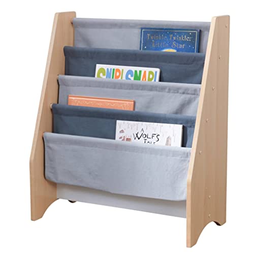 KidKraft Wood and Canvas Sling Bookshelf Furniture for Kids - Gray & Natural, Gift for Ages 3+