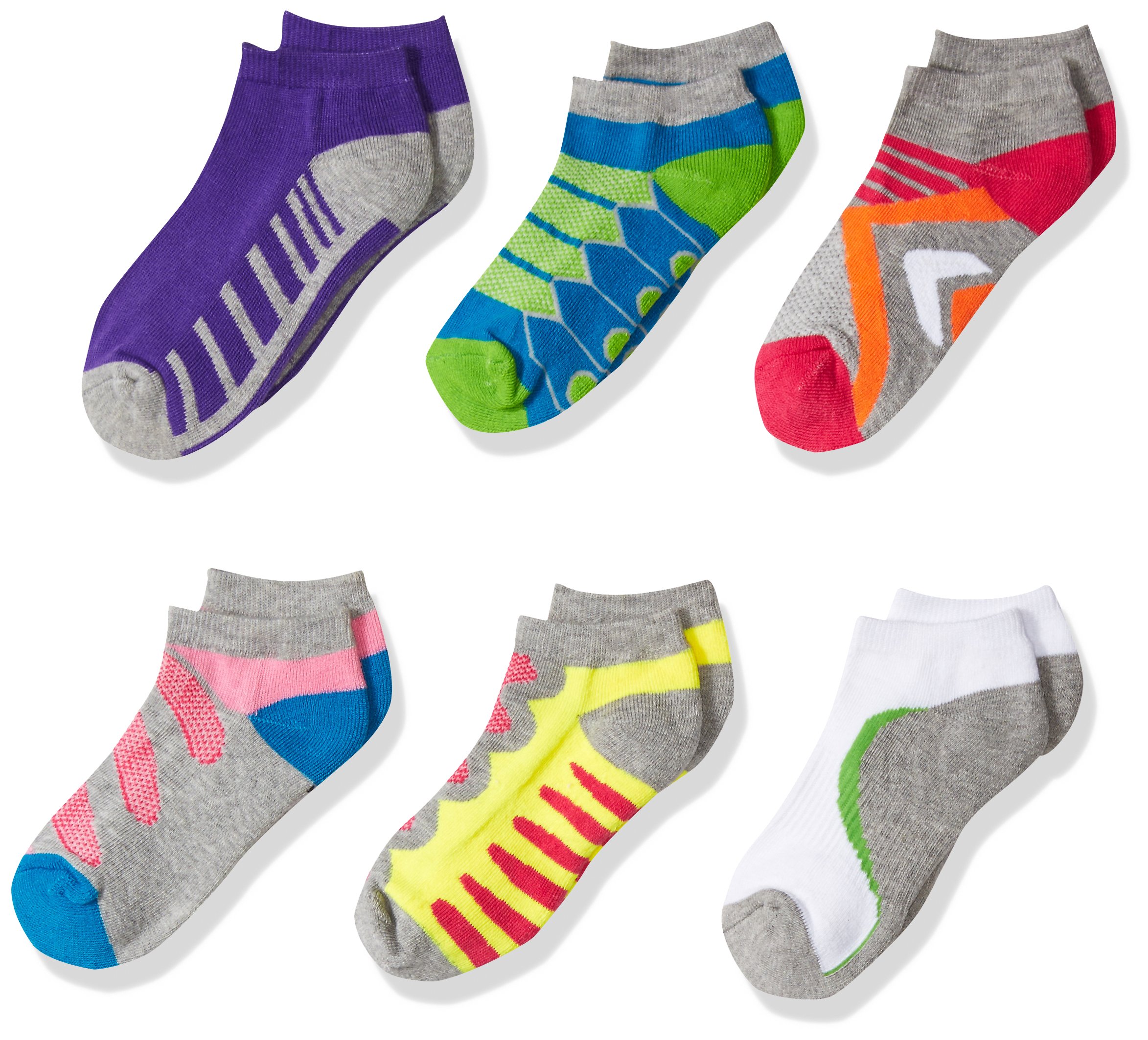 Jefferies Socks Girl's Tech Sport Colorful Pattern Cushion Low Cut Socks 6 Pack, Multi, Large