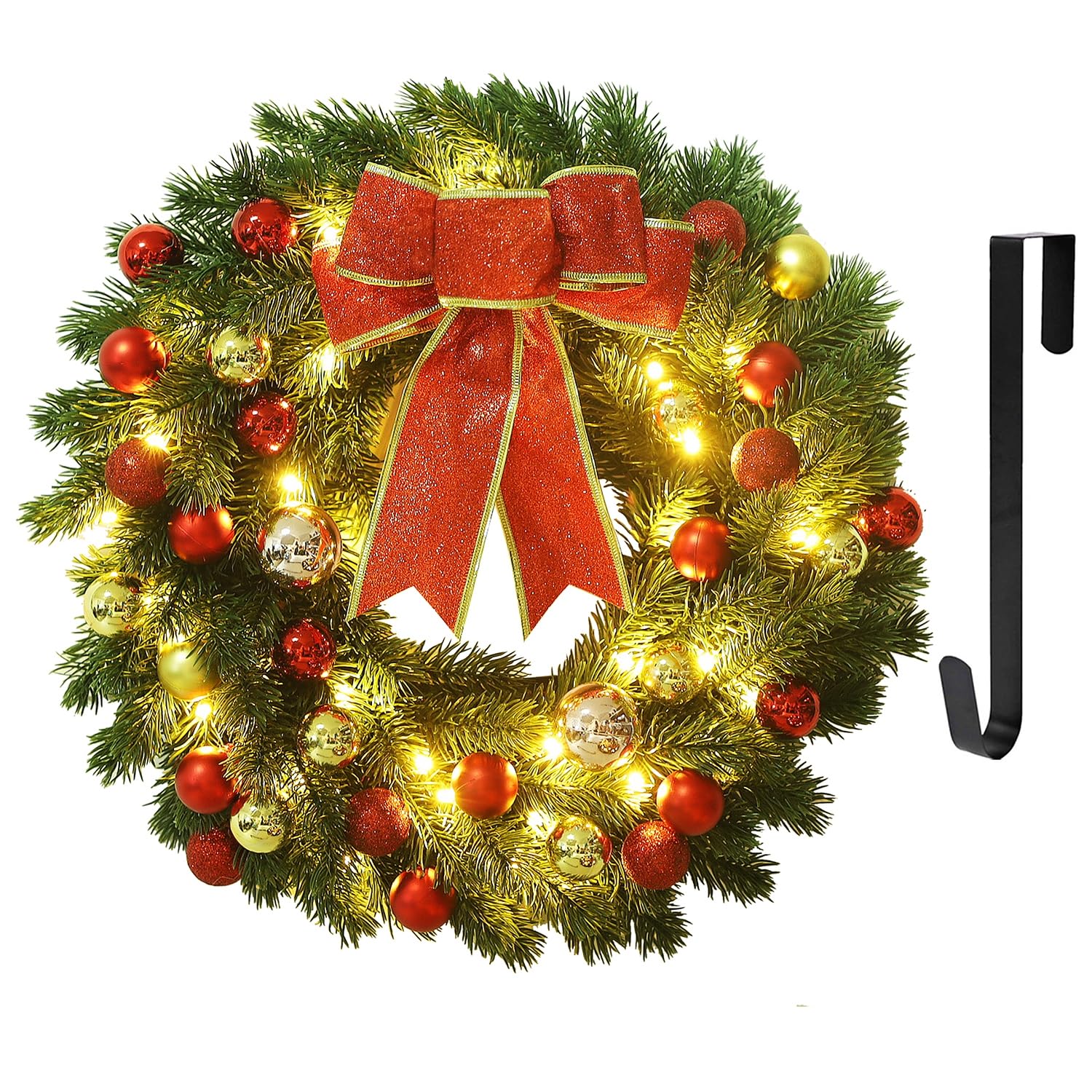 Juegoal 16 Inch Pre-Lit Christmas Wreath with Metal Hanger, Large Red Bow and Colored Balls, Battery Operated with Warm White 40 LEDs Lights, Front Door Spruce Lighted Wreath X-max Decorations
