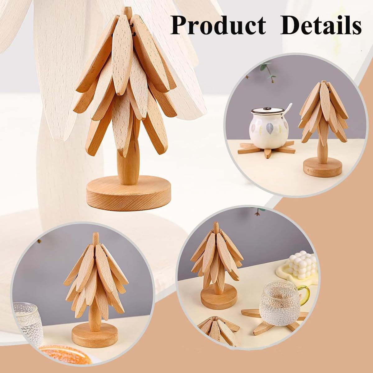 Wooden Trivets for Hot Dishes,Tree Shape Trivet Set,Beech Wood Tree Shape Trivets for Hot Pots and Pans (5 Layers+1 Stand)