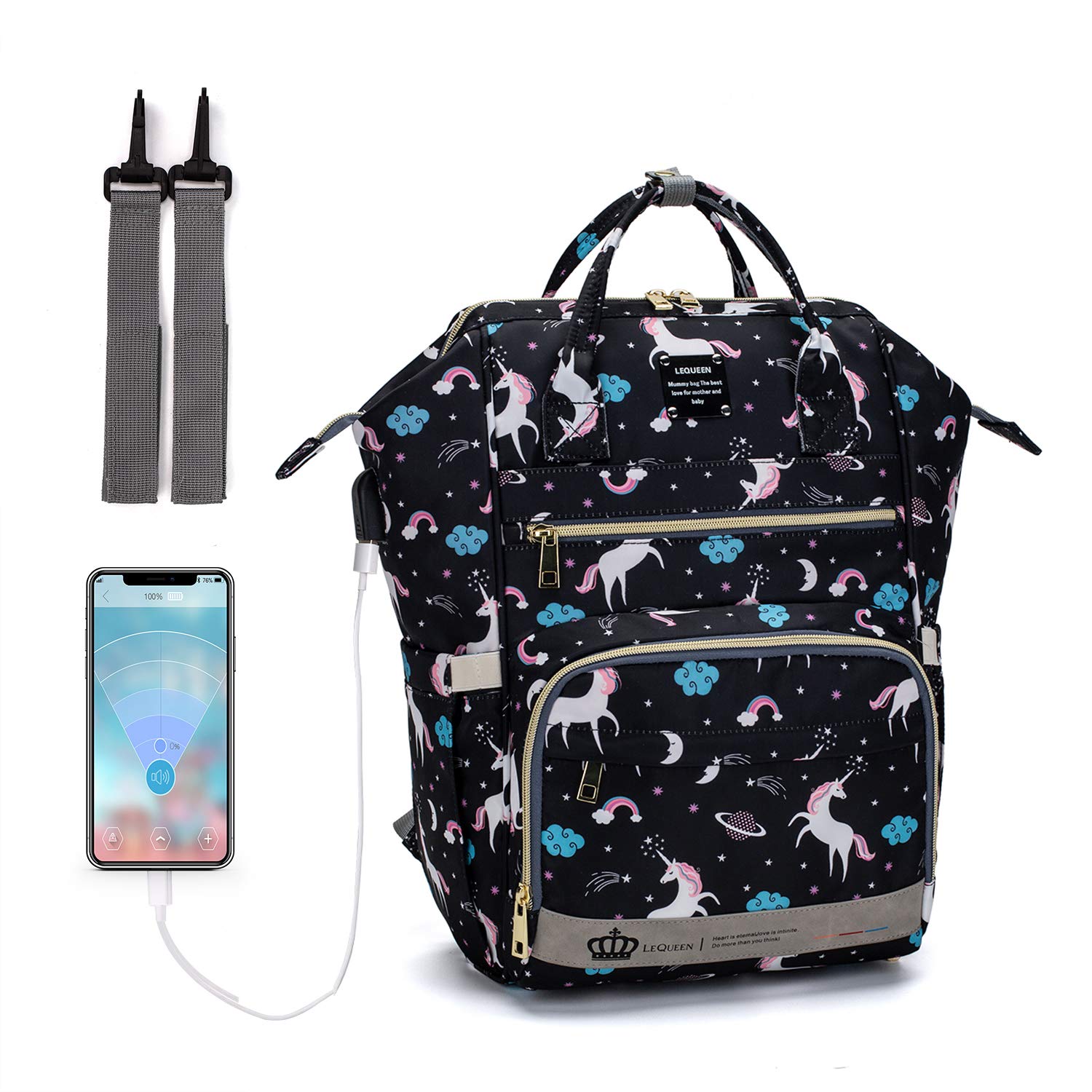 LEQUEEN Diaper Bag Backpack, Unicorn Multifunction Travel Back Pack Maternity Baby Changing Bags (Black)