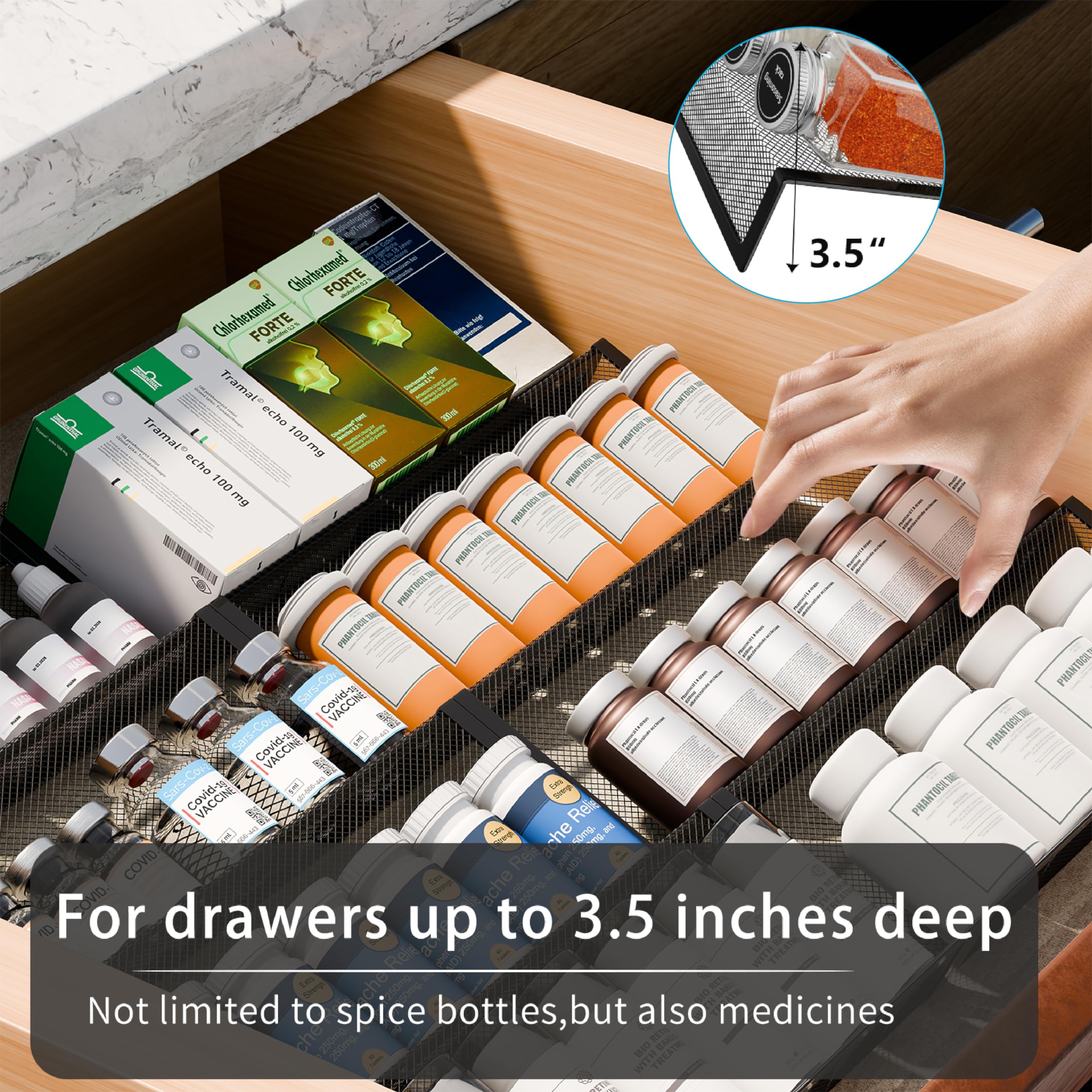 Simple Trending Spice Drawer Organizer,8 Piece Metal Mesh Expandable from 10.75" to 21.5" Insert,Hold up 48 Spice Jars Kitchen Countertop Rack Tray,for Drawer/Countertop (Jars not included)