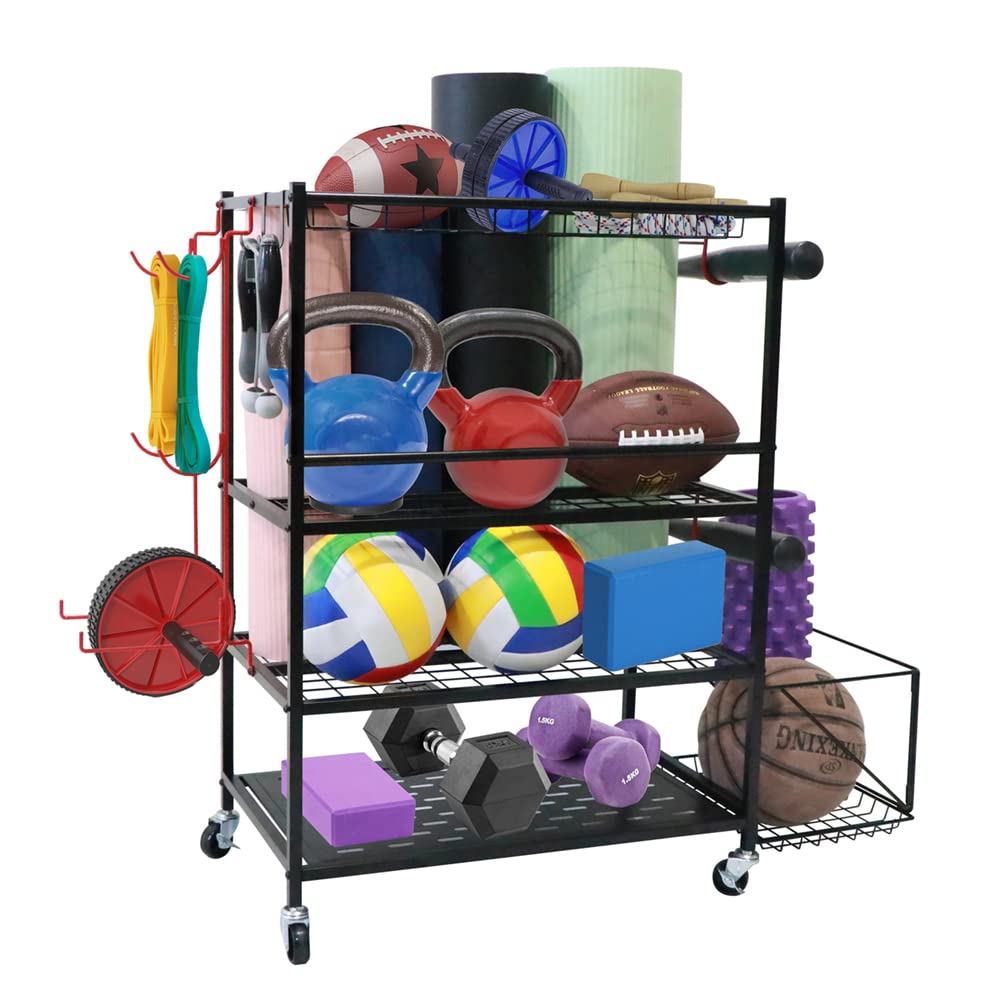 Nice C Outdoor Toy Storage, Garage Organization, Sports Equipment Organizer, Rolling Garage Storage System, Ball Storage Rack, Yoga Mat Storage with Hooks and Basket (4-Layer)