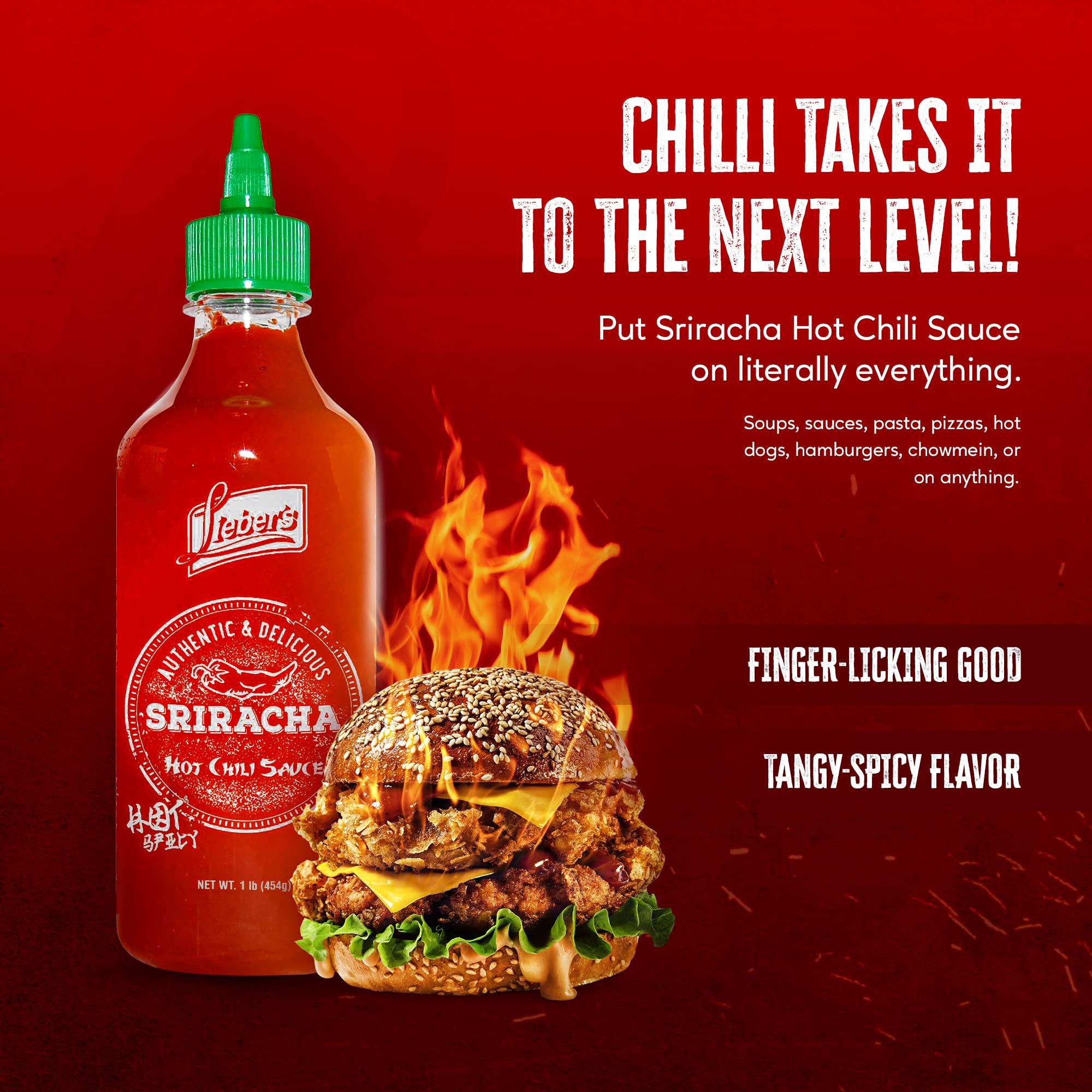 Lieber's Sriracha Hot Chili Sauce, Authentic And Delicious, Non-GMO, No MSG, Gluten-free, Cholesterol-free, and Vegan, NET WT. 1 lb (454g)