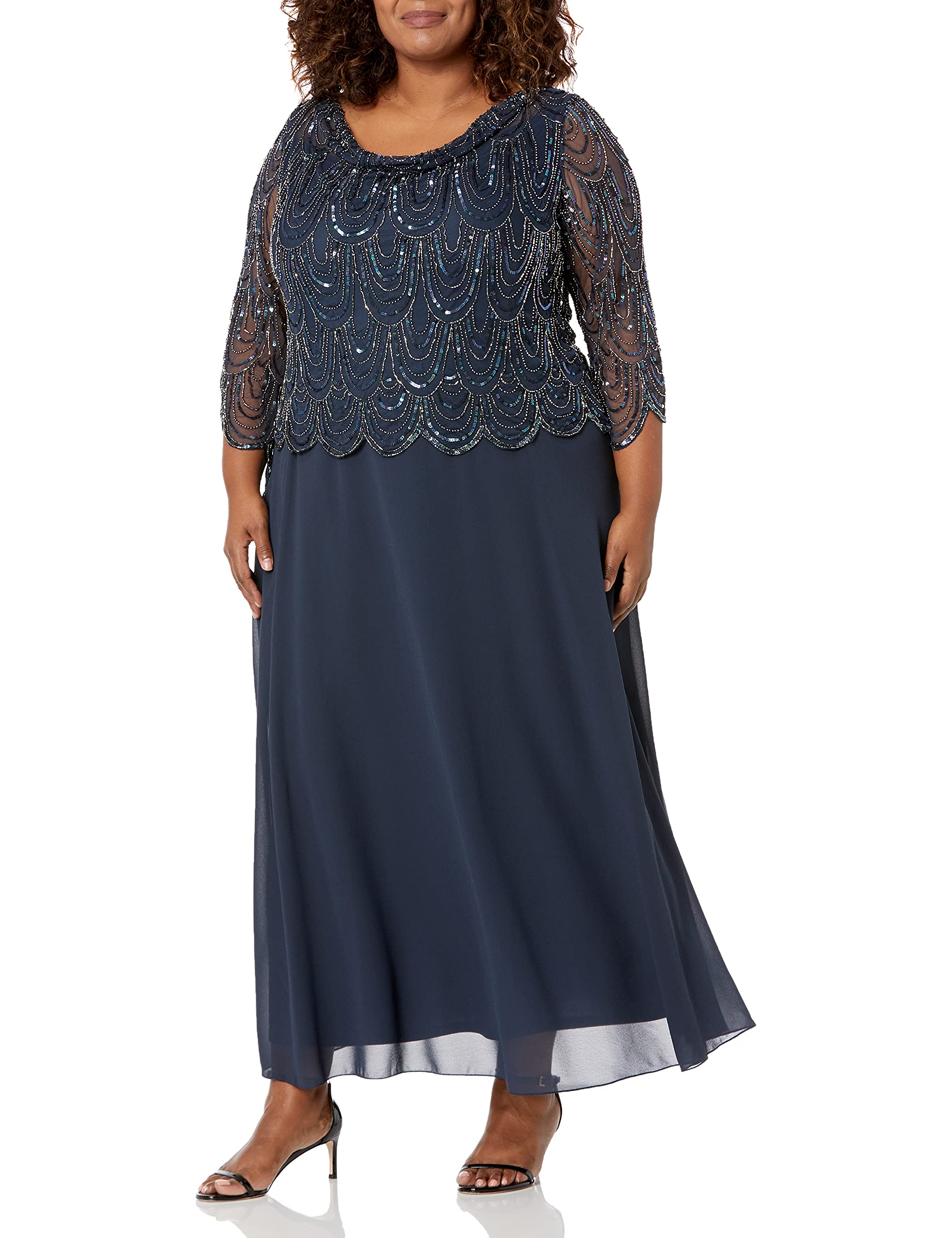 J Kara Women's 3/4 Scallop Beaded Pop Over Gown, Navy/Mercury, 8