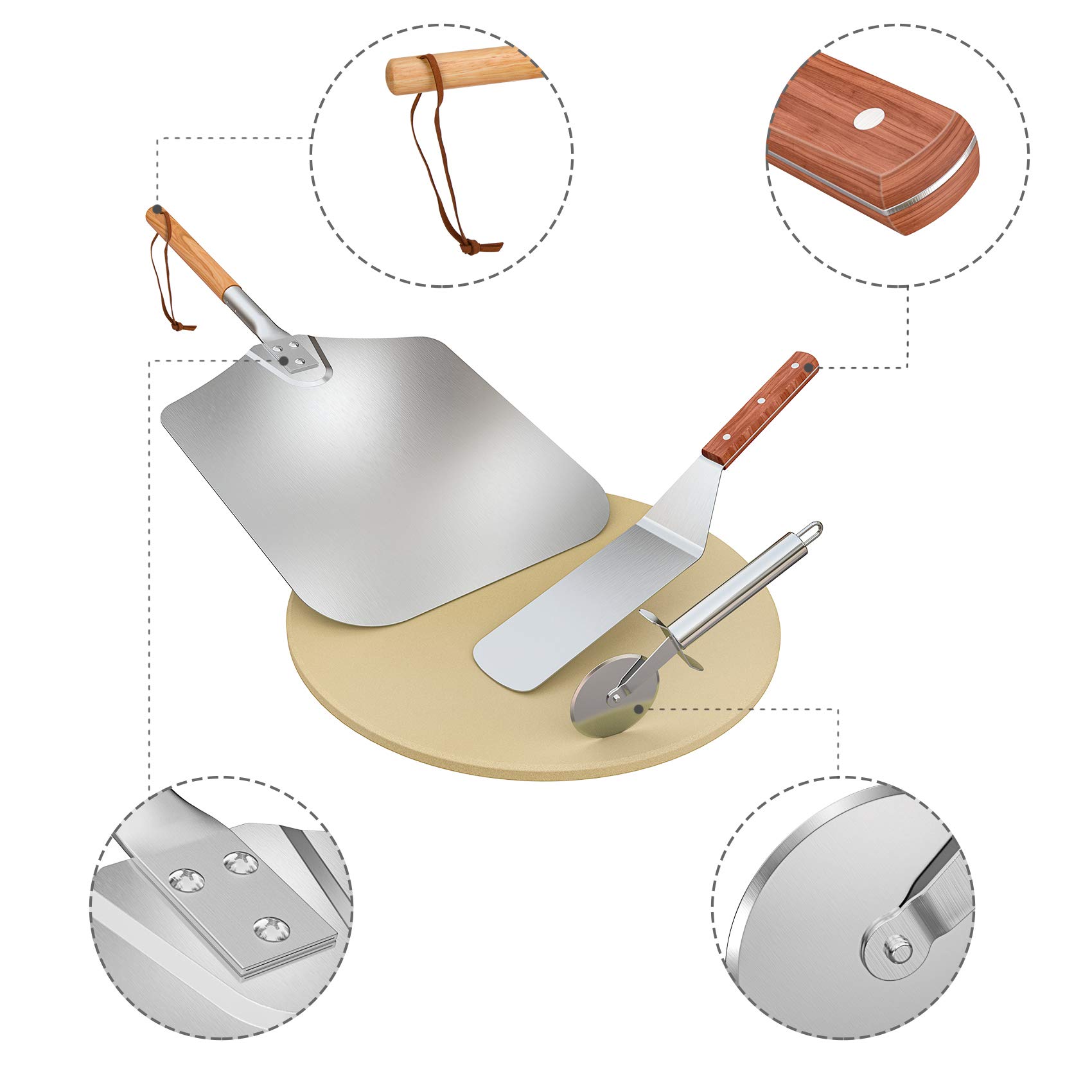 Onlyfire Round Pizza Stone Set for Oven and Grill, Pizza Grilling Tool Kit Including Baking Stone, Pizza Peel, Pizza Shovel and Cutter, Ideal for Baking Crisp Crust Pizza, Bread and More