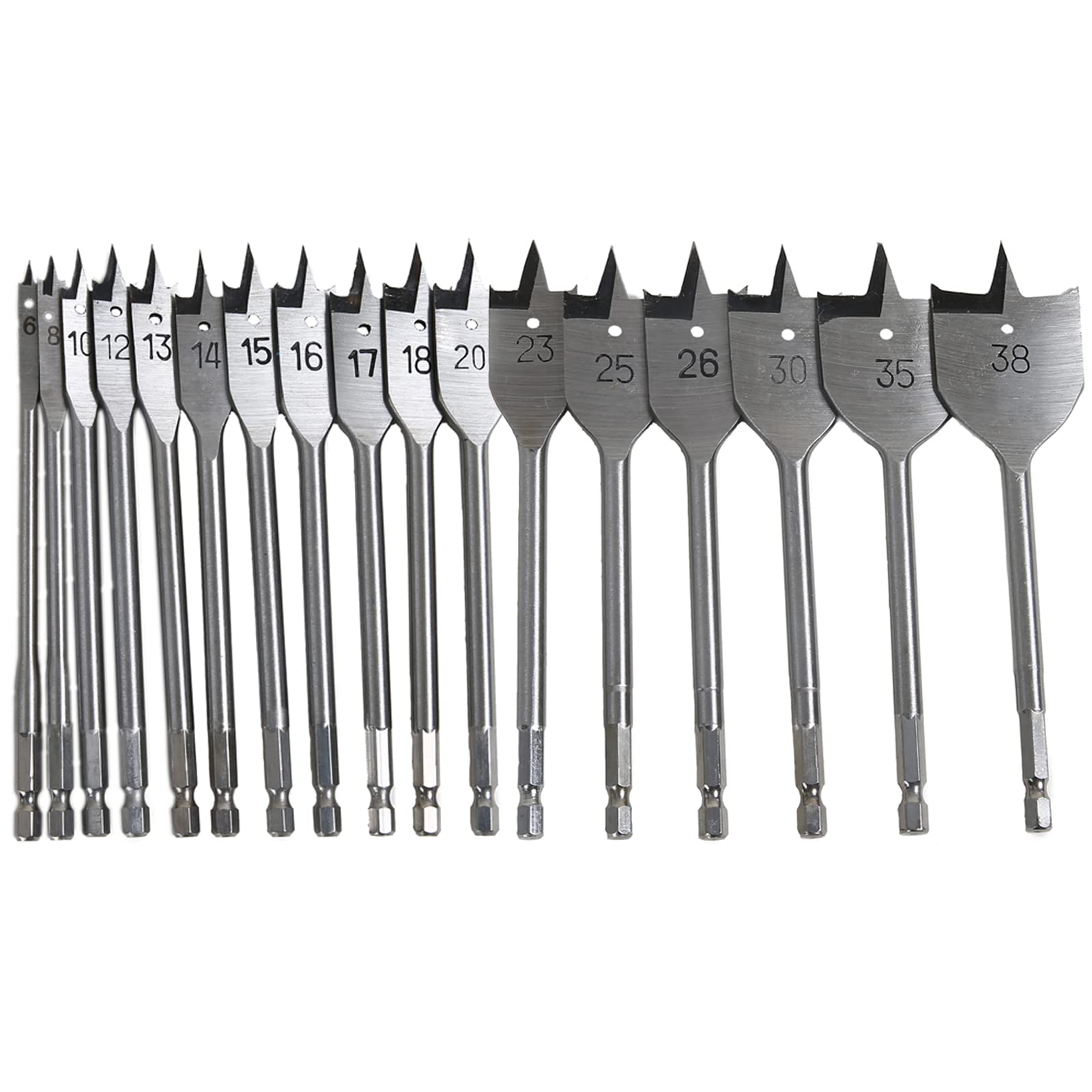 Spade Drill Bit Kit for Woodworking, Carbon Steel Paddle Flat Bits Carpenter Hole Cutter Hex Shank set of 17pcs 6/25~1-1/2 in