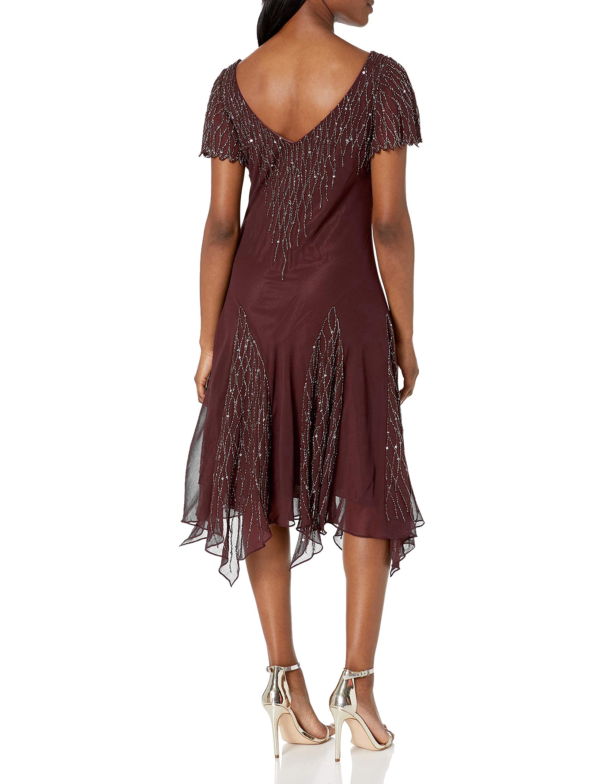 J Kara Women's Petite Short Beaded Dress, Wine/Mercury, 12P