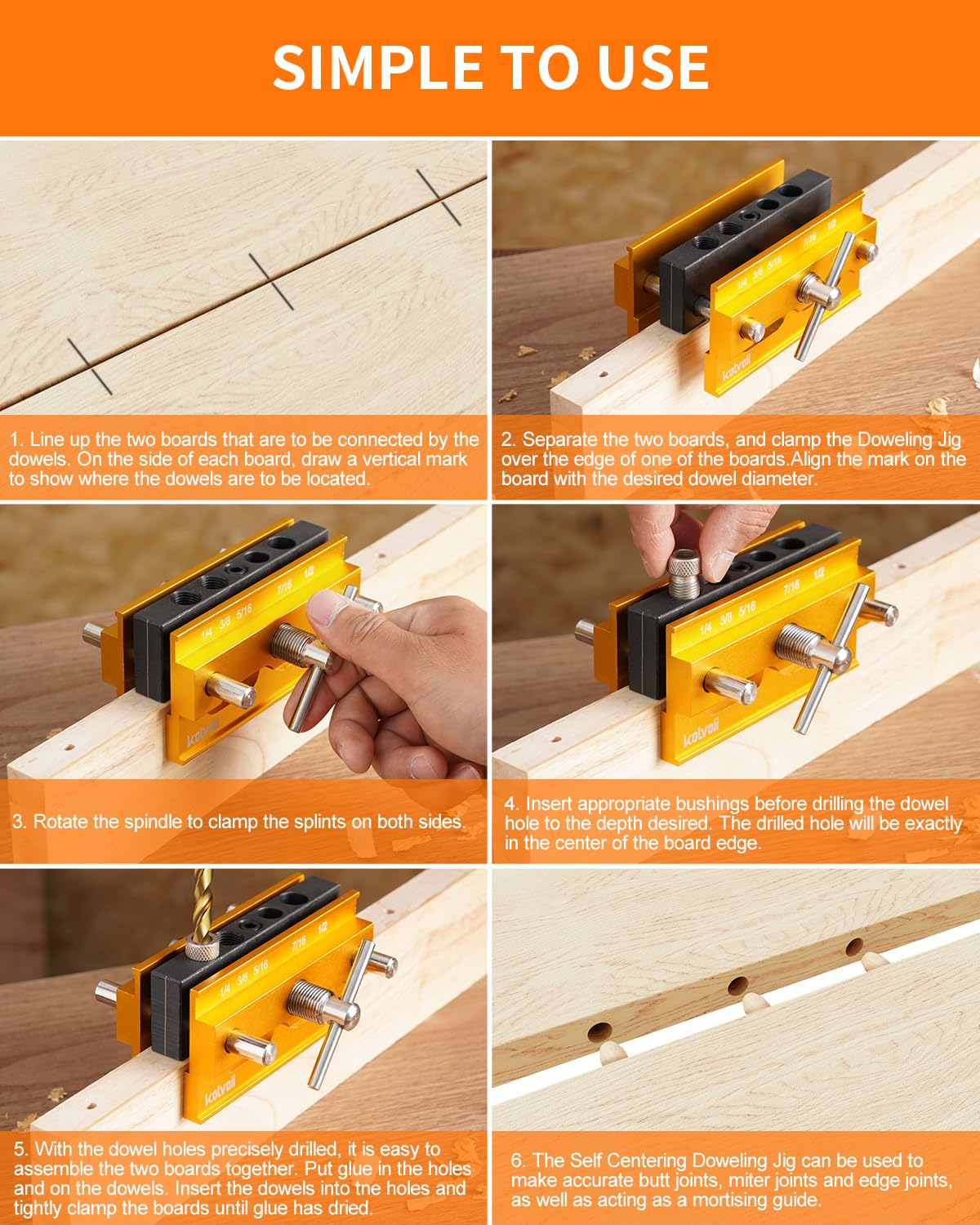 Kolvoii Self Centering Doweling Jig, Dowel Jig Kit Width Adjustable for Straight Holes Biscuit Joiner Tools with 3 High Speed Steel Drill Bits, 6 Drill Guide Bushings(Gold)