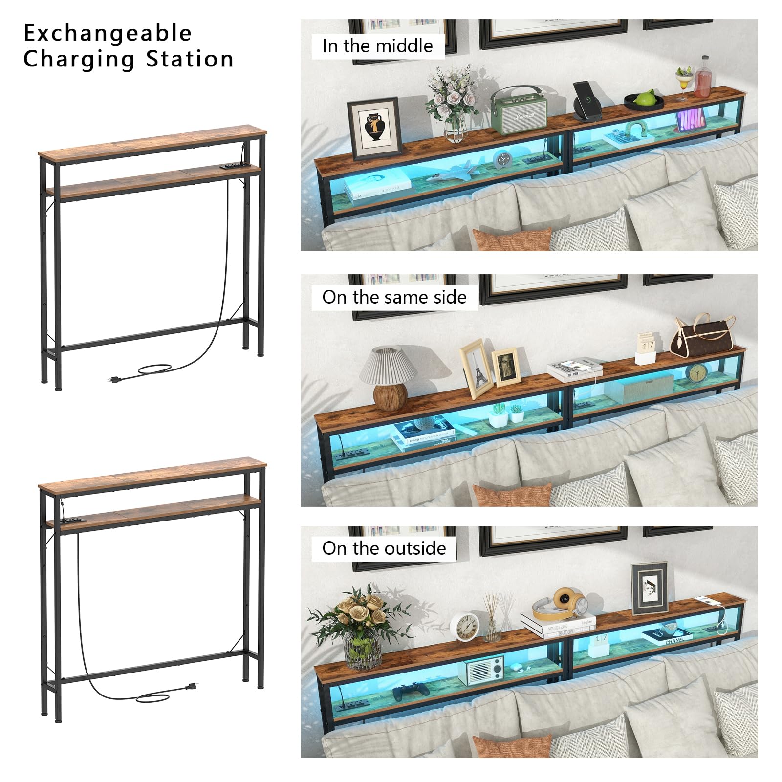 Tohomeor 5.9" Narrow Console Sofa Table with Power Outlets Led Light Sofa Skinny Behind Couch Table with Shelves Metal Frame and Charge Station (1, Rustic Brown)
