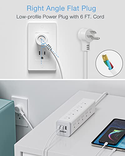 Surge Protector Power Strip 15 Outlets, TESSAN 1875W 15A Extension Cord with Multiple Outlets 6 ft, 3 USB Charging Ports, 1050J, Mountable, Flat Plug, Home Office College Dorm Room Essentials