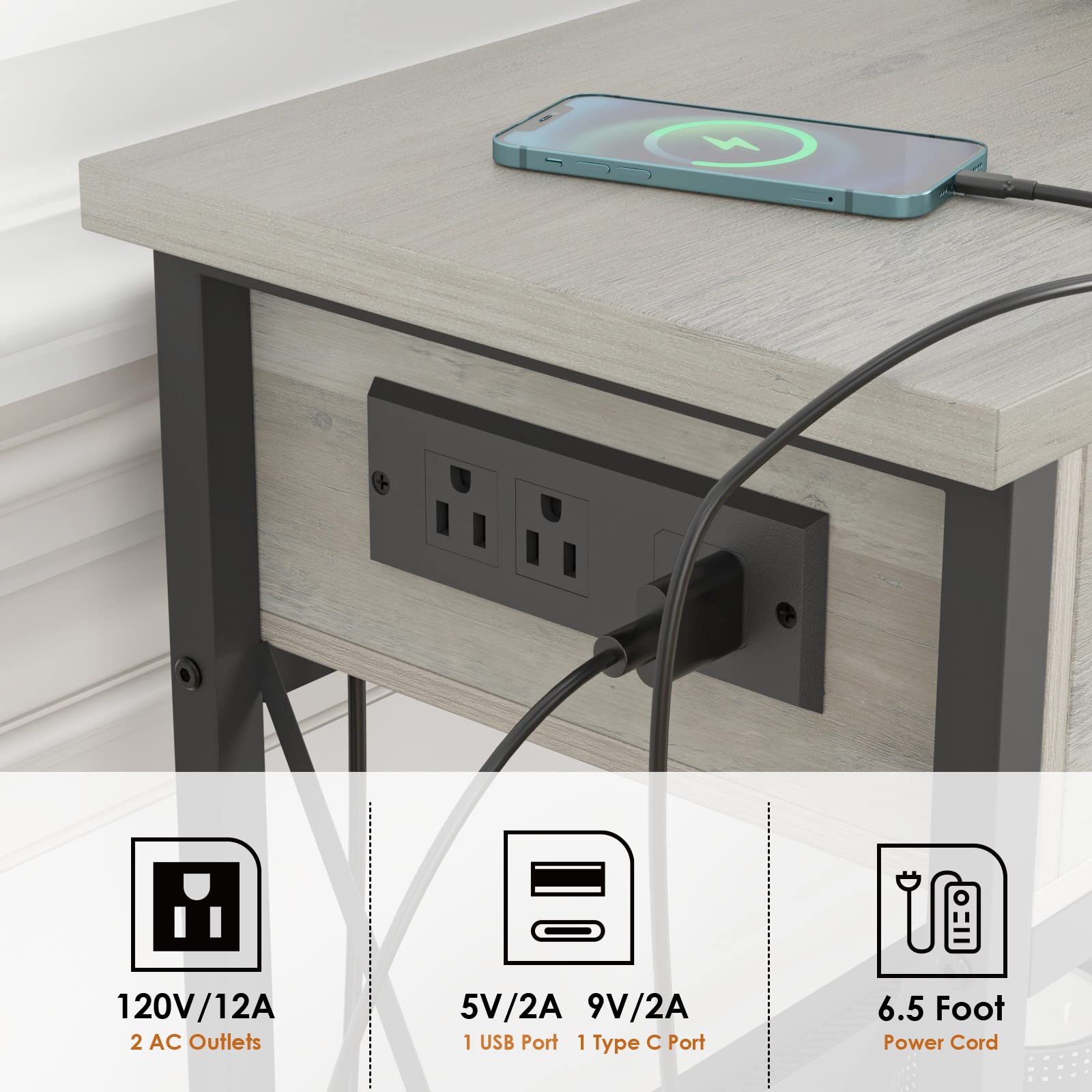 IDEALHOUSE Console Table with Storage, 39.3'' Entryway Table with 2 Drawers, Grey Behind Sofa Table, Console Table with Outlet for Living Room, Couch, Hallway, Foyer, Entryway, Kitchen-3 Tier
