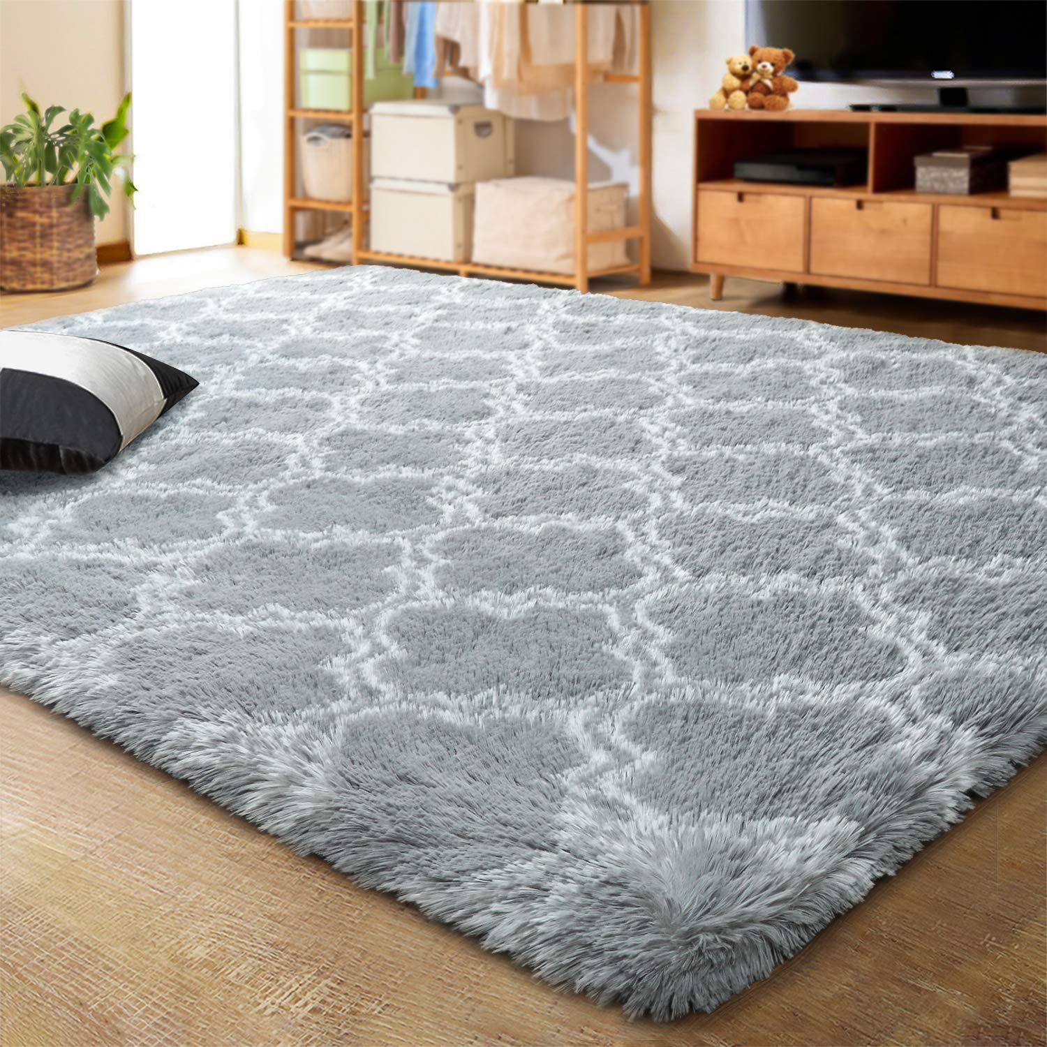 LOCHAS Luxury Shag Area Rug 4x6 Feet Geometric Plush Fluffy Rugs, Extra Soft Carpet Moroccan Rugs for Bedroom Living Room Dorm Kids, High Pile Shaggy Floor Rug Decor, Light Grey/White