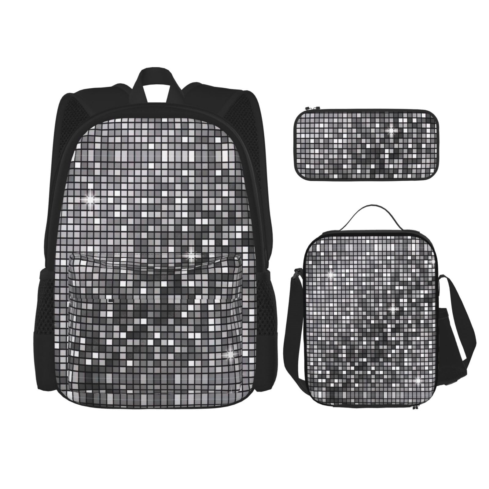 KoNsev 3pcs Backpack Sets,Silver Sequin Sparkle Pattern Printed Backpacks Set With Lunch Bag Pencil Pouch