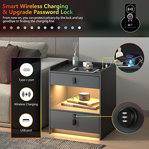 Vlsrka Nightstand with Charging Station, Night Stand with Drawers, LED Nightstands with 24 RGB Colors, Modern Side Table with USB Ports and Open Shelf, Bedside Table for Bedroom, Grey