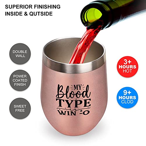 Mighun Wine Tumbler with Lid My Blood Type Is Win Vacuum Coffee Tumbler Stainless Steel Coffee Cup for Cold & Hot Drinks Wine Coffee Cocktails Beer (12 Oz, 1 Pack)