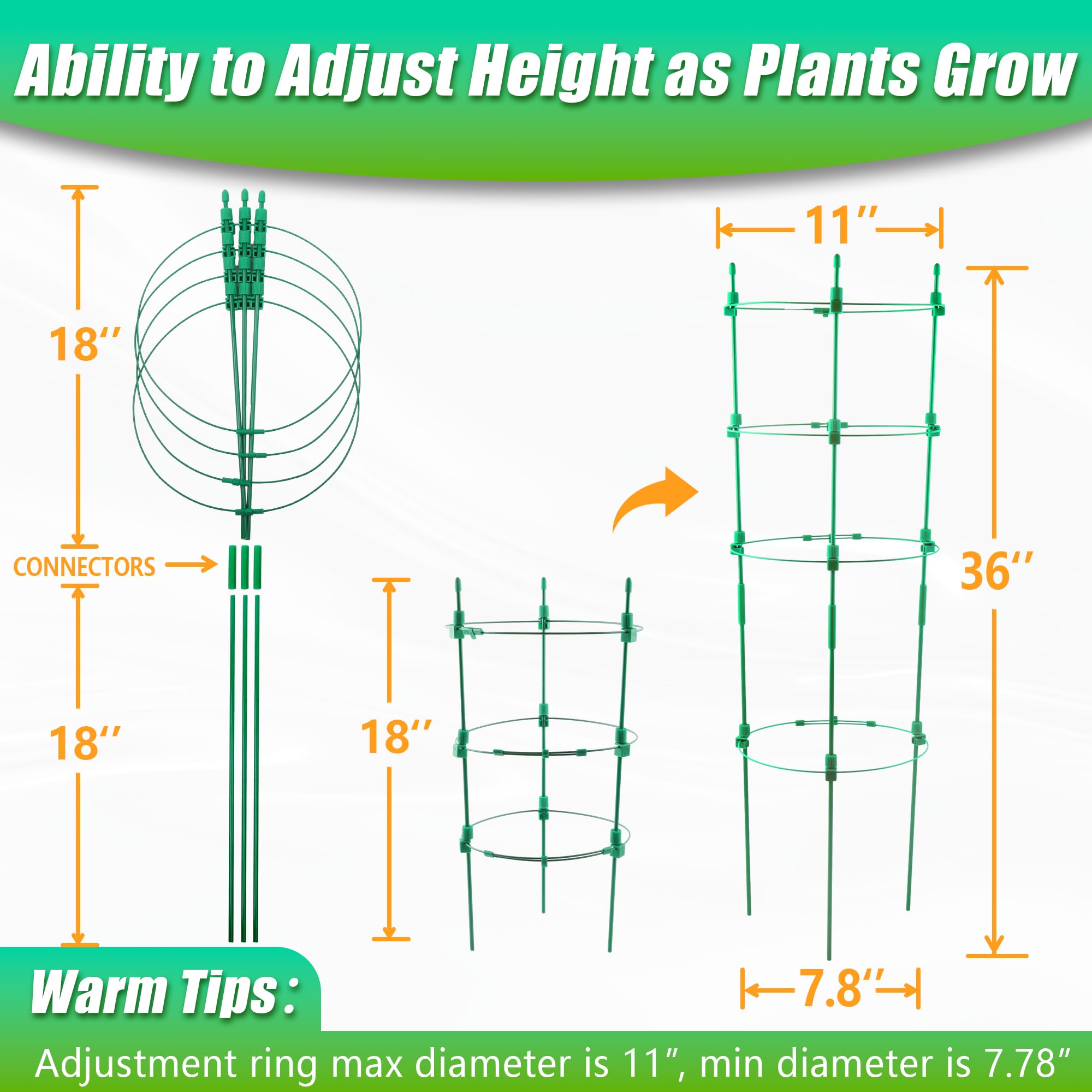 Sinimaka Upgrade Tomato Cage for Garden, 36 Inches 2 Pack Adjustable Tomato Stakes Trellis, Tomato Plant Support Cages for Vegetables, Rose Vine, Flowers, Fruit, Climbing Plants