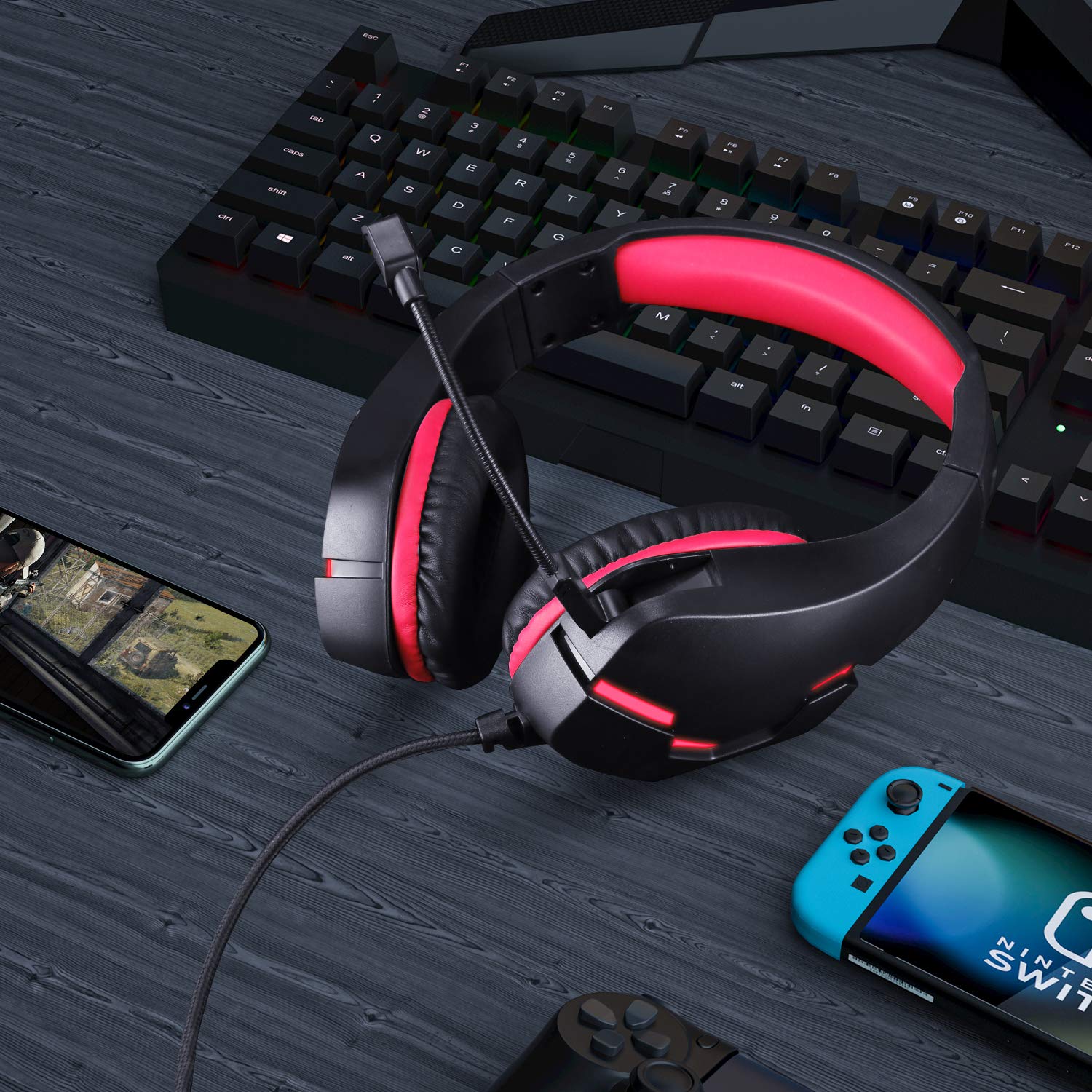 LMPOHO PS4 Gaming Headset for Xbox One, PS5, PC, Over Ear Headphones with Noise-Cancelling Mic, J10 Wired Gaming Headset with Stereo Surround Sound, LED Light, Comfort Earmuff - Red