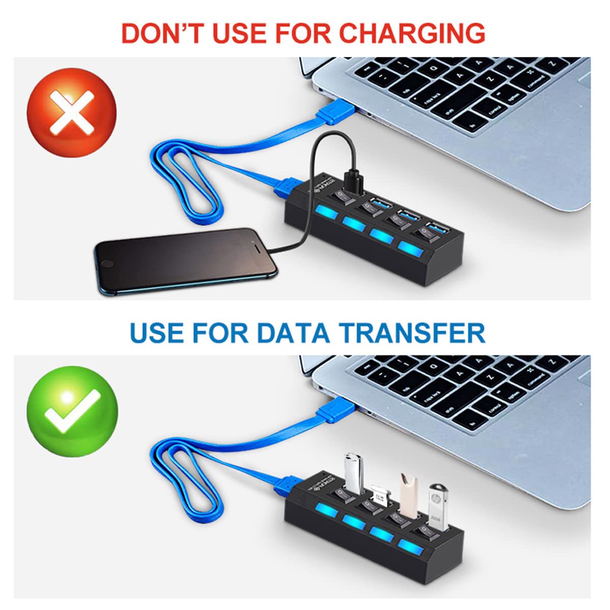 TXY 4 Port High Speed HUB USB 2.0 Hub Power On/Off Switch LED for PC Laptop USB Hub Splitter USB Adapter (Black)