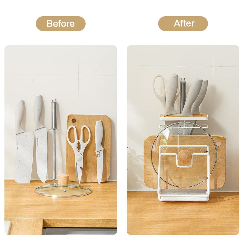 LINFIDITE Knife Block Holder Pot Lid Rack Cutting Board Organizer Holder Drying Rack with Draining Tray Kitchen Countertop Cabinet Pantry Bakeware Cookware Storage Stand Black