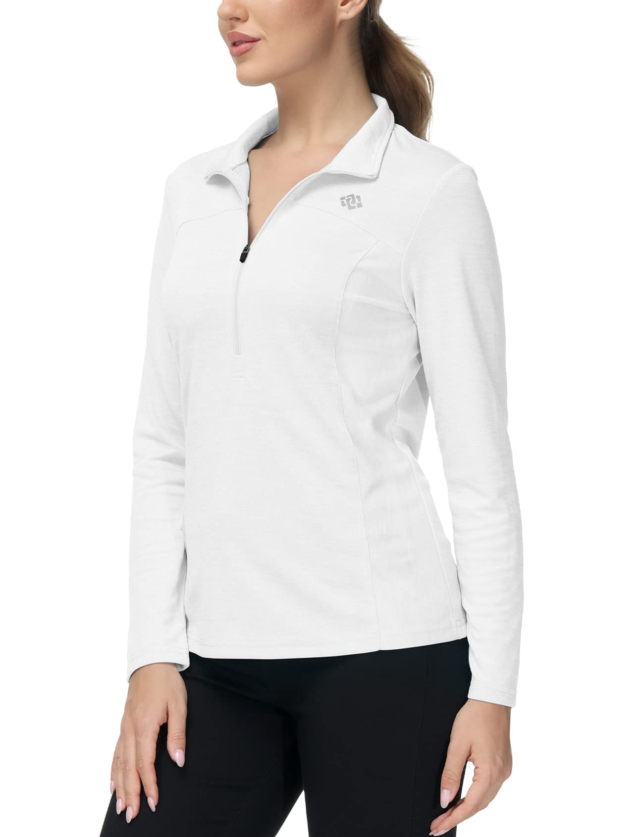 MoFiz Women's Long Sleeve Hiking Shirt Lightweight Athletic Tops with Half Zip Quick Dry Golf Pullover, White, 2XL